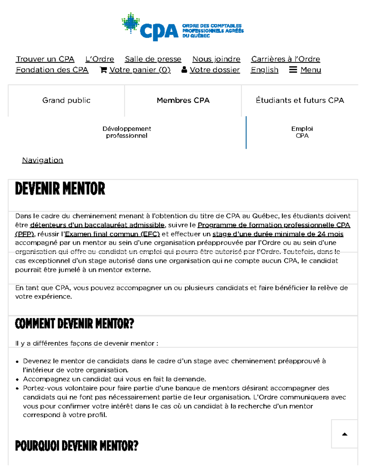 Devenir mentor Ordre des CPA du Québec Comptables professionnels agréés - Navigation DEVENIR ...
