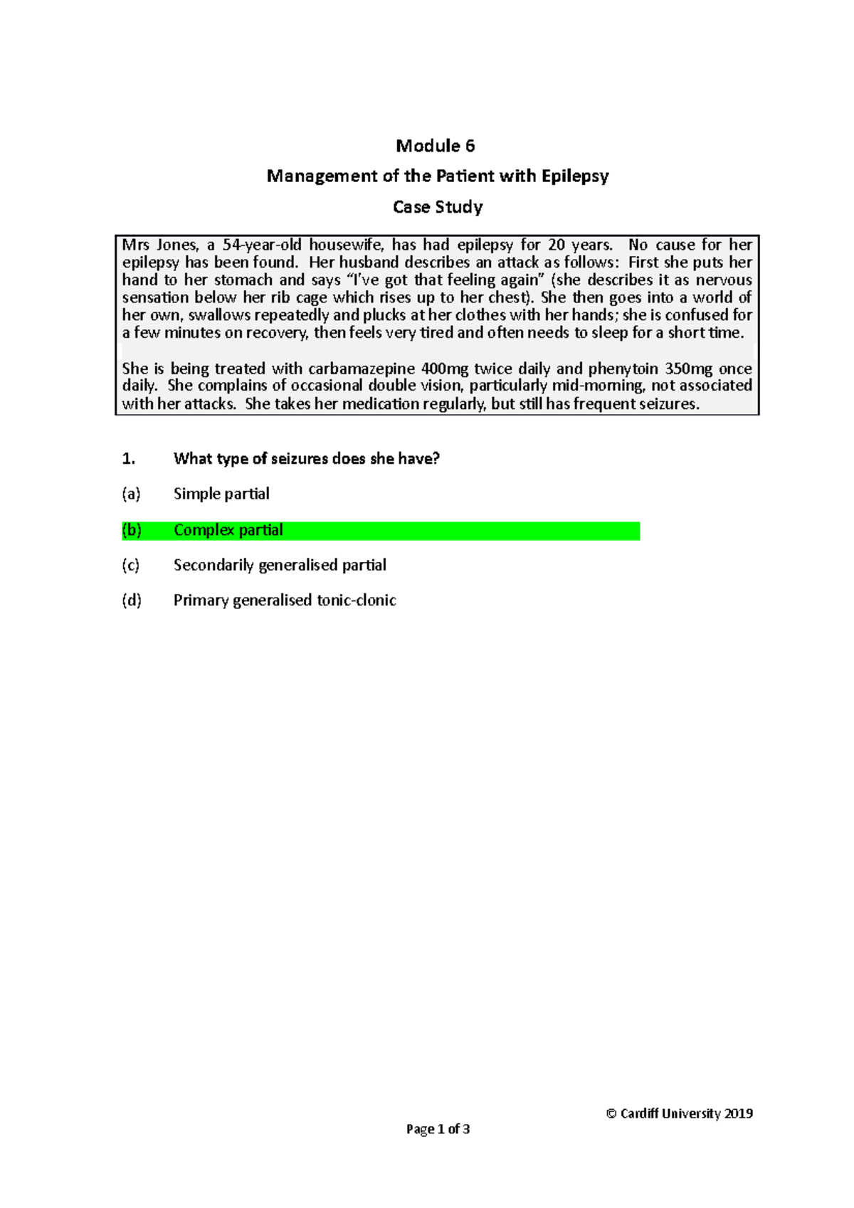 Epilepsy Case Study 2019 - Module 6 Management of the Patient with ...
