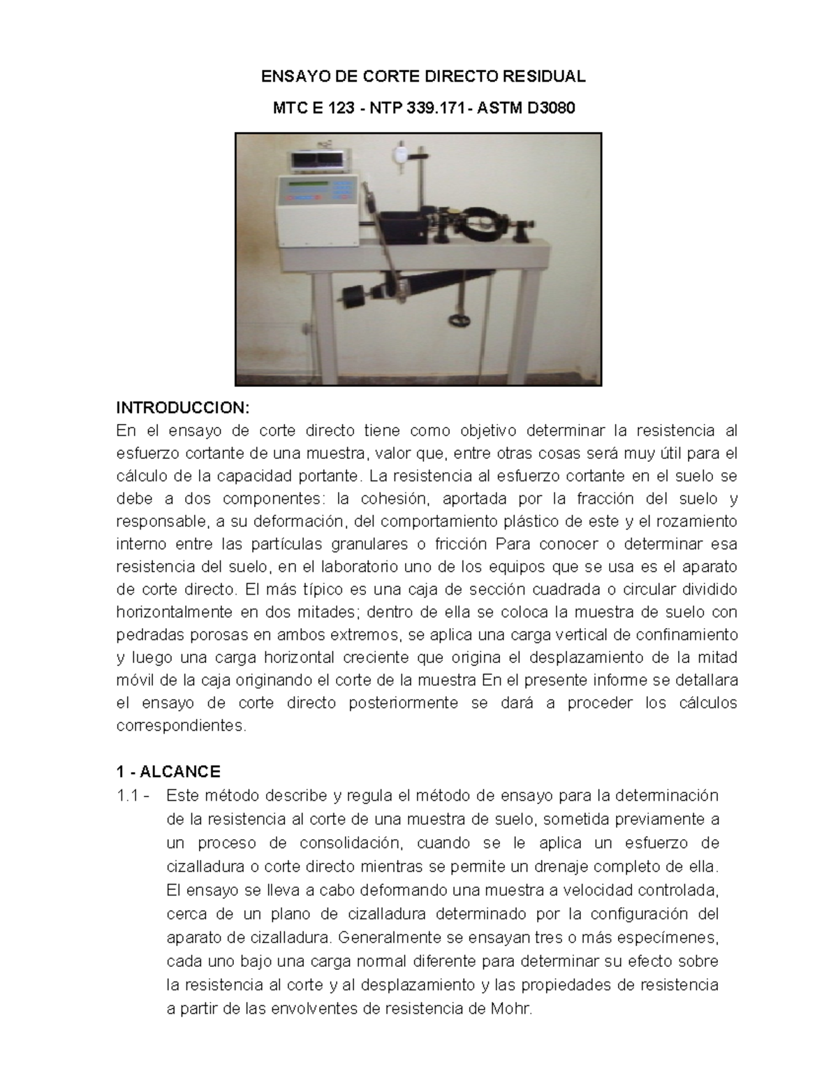 6.- Manual Corte Directo - ENSAYO DE CORTE DIRECTO RESIDUAL MTC E 123 - NTP 339- ASTM D - Studocu
