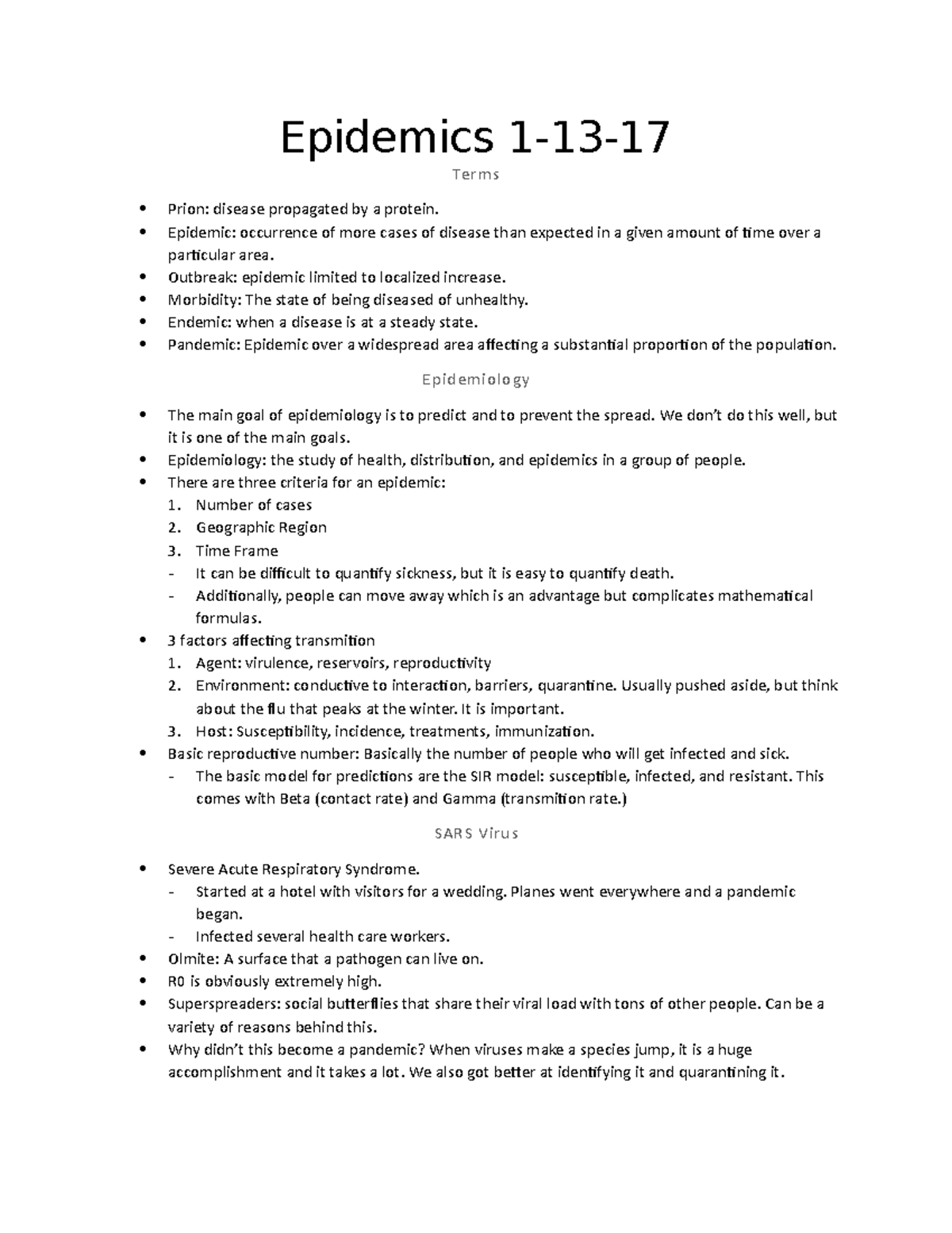 Notes 1-13-17 - Epidemics 1-13- Terms Prion: disease propagated by a ...