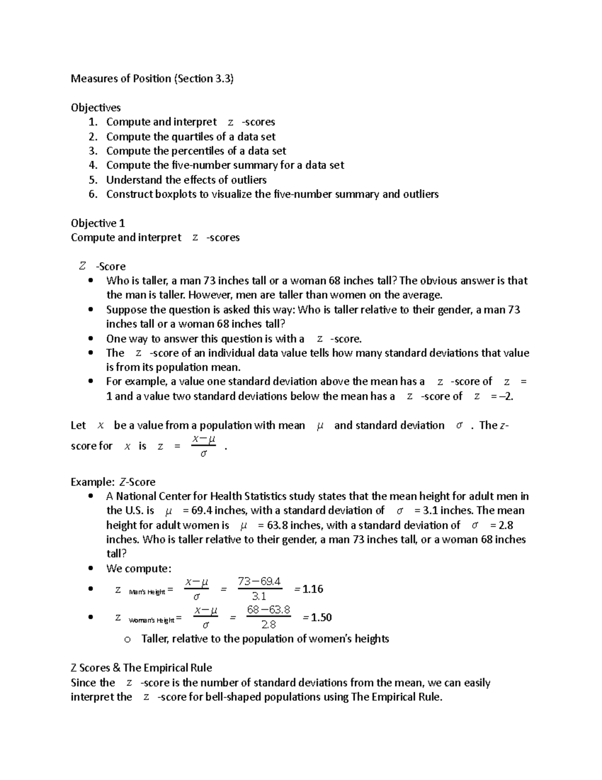 Ch. 3.3 (Math 241) - Professor: Ken Li - Measures of Position (Section ...