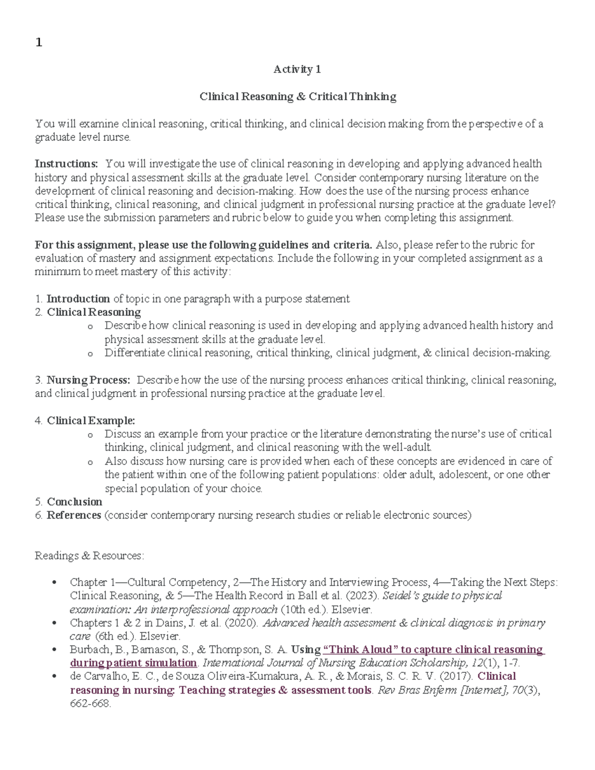 A1 Instructions - Clinical Reasoning & Critical Thinking Assignment - 1 ...