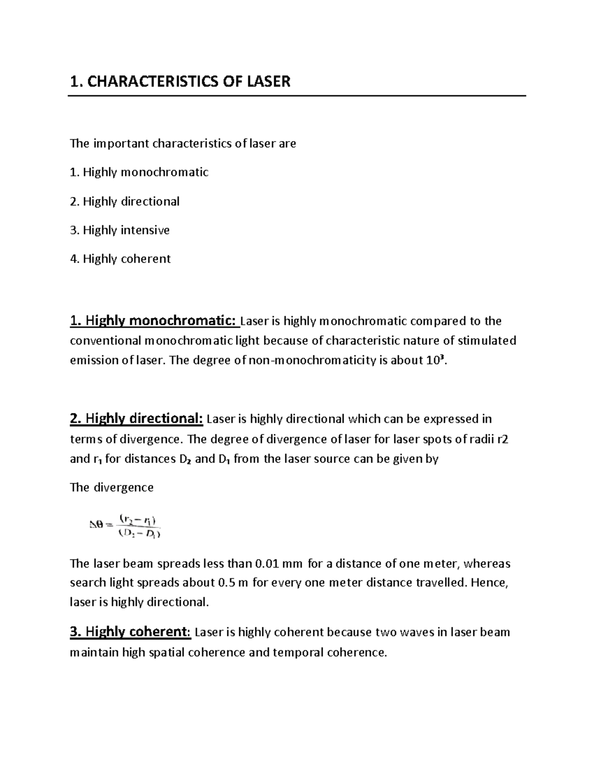 Physics - 1. CHARACTERISTICS OF LASER The important characteristics of ...