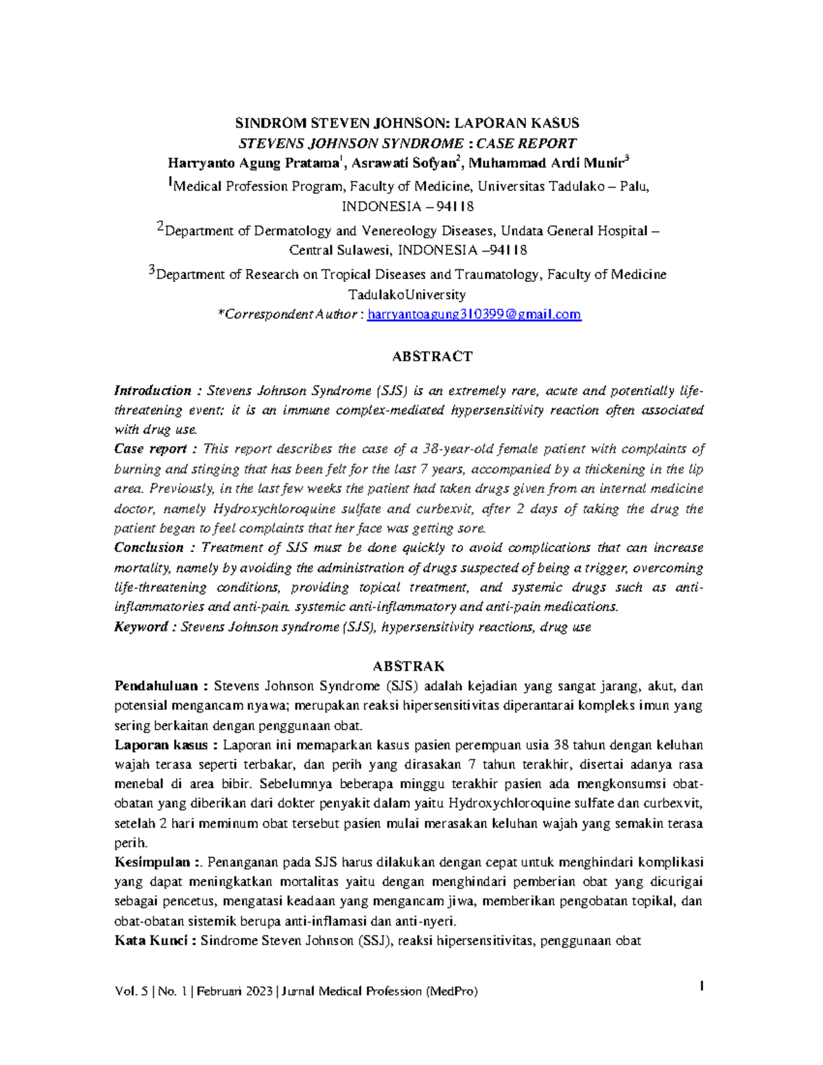 863-Article Text-2495-1-10-20230524 - 1 SINDROM STEVEN JOHNSON: LAPORAN ...