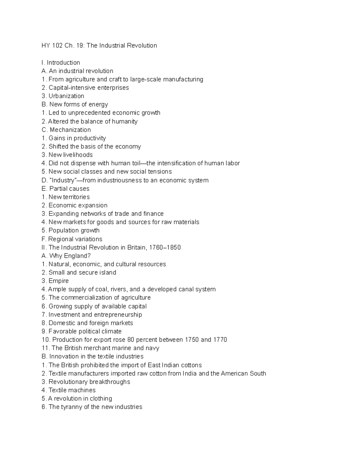 HY 102 Ch. 19 The Industrial Revolution - HY 102 Ch. 19: The Industrial ...