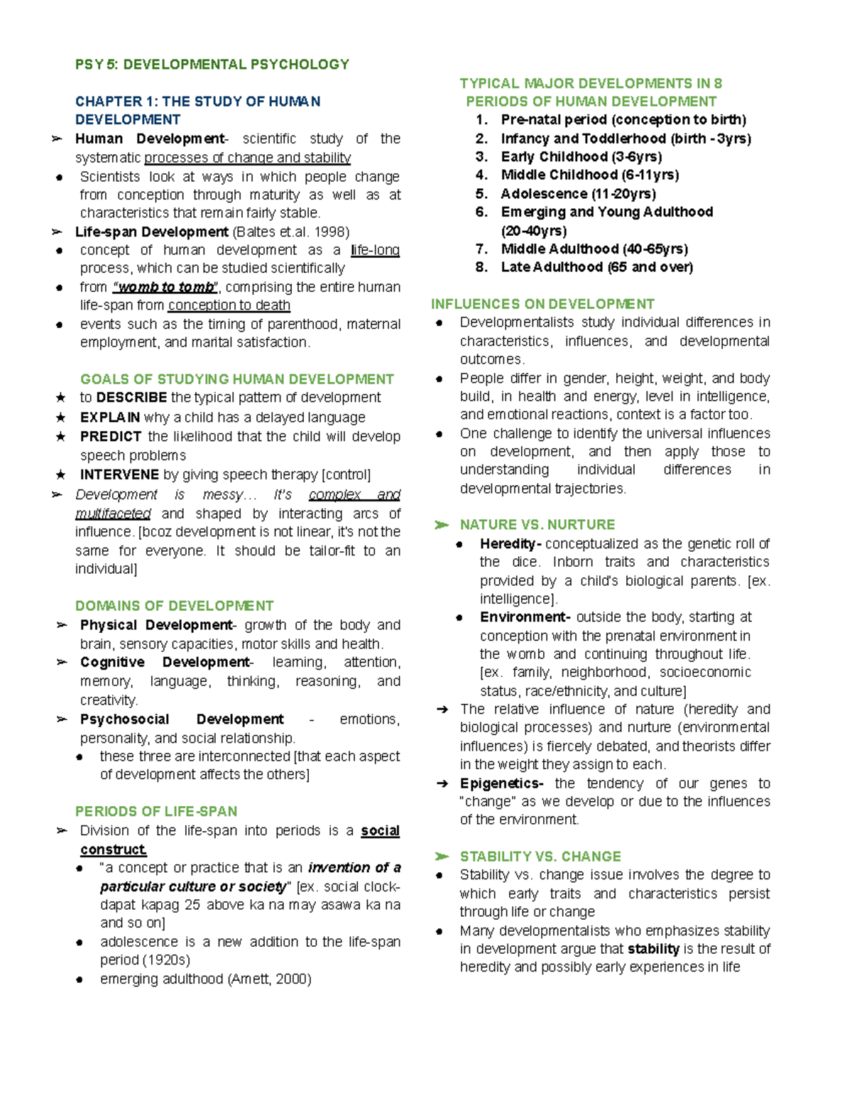 PSY5- Midterm reviewer - PSY 5: DEVELOPMENTAL PSYCHOLOGY CHAPTER 1: THE ...