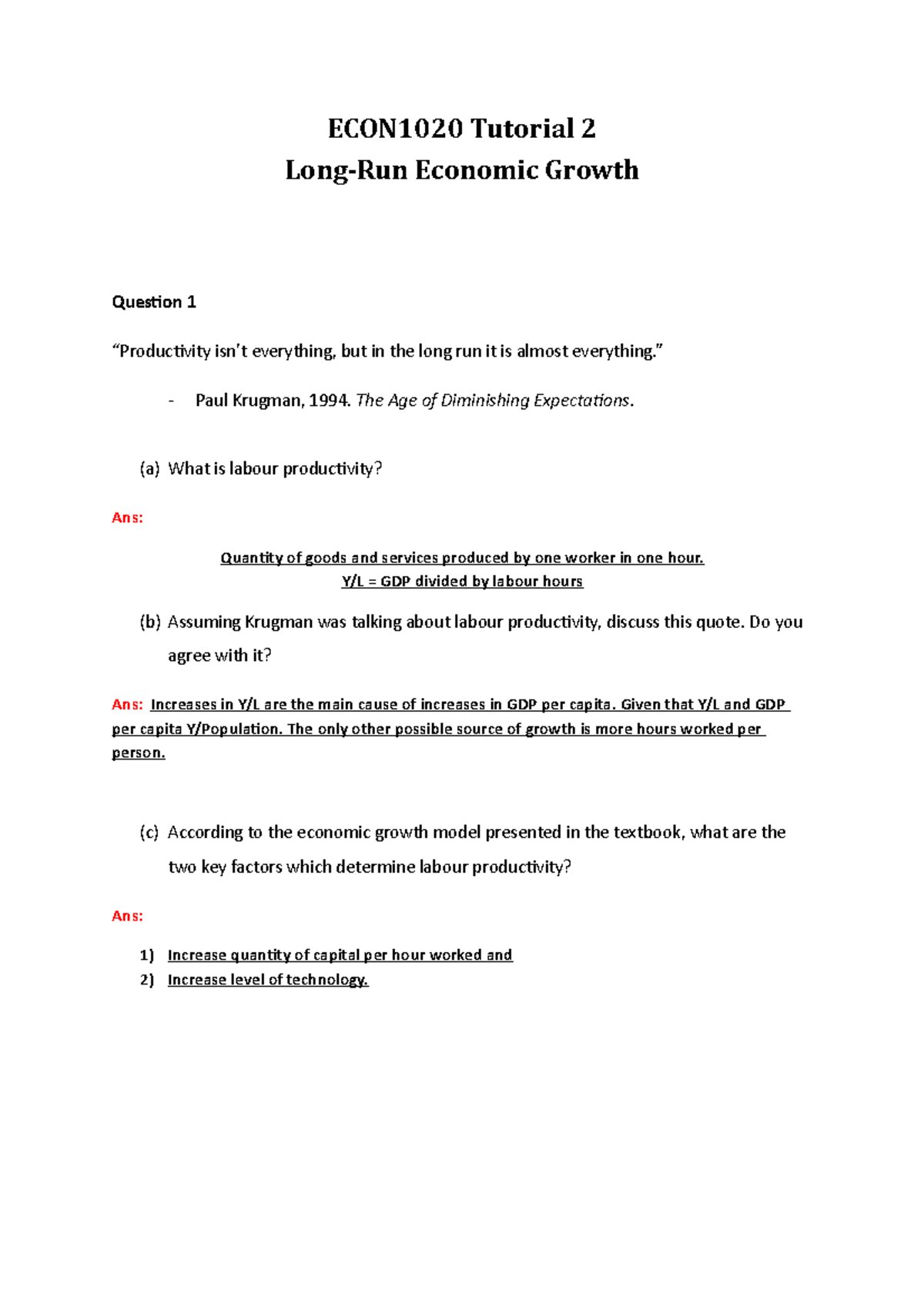 ECON 1020 Tutorial 2 Growth ans - ECON1020 Tutorial 2 Long-Run Economic ...
