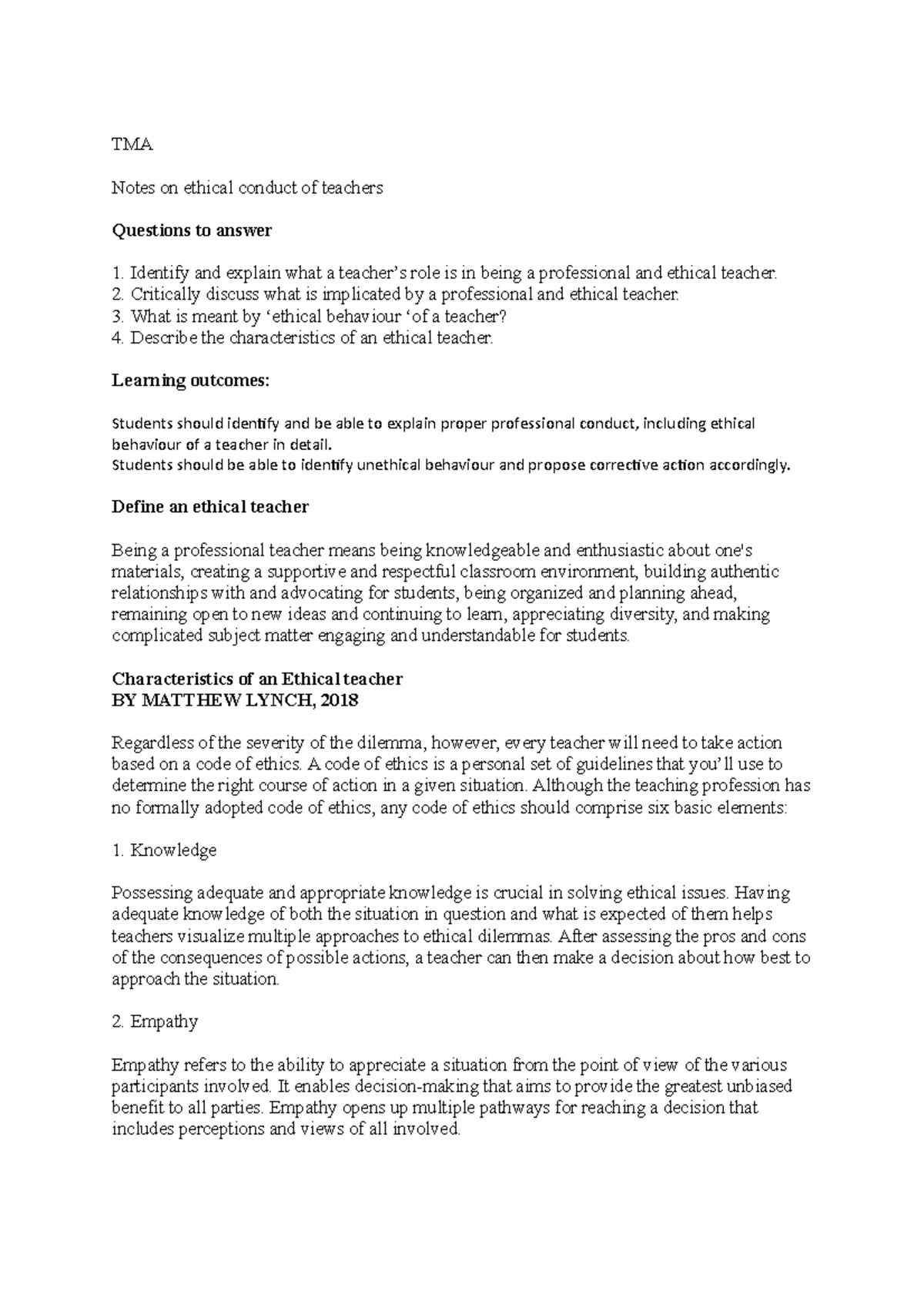 TMA Notes ON Ethics ( Conduct) - TMA Notes on ethical conduct of ...