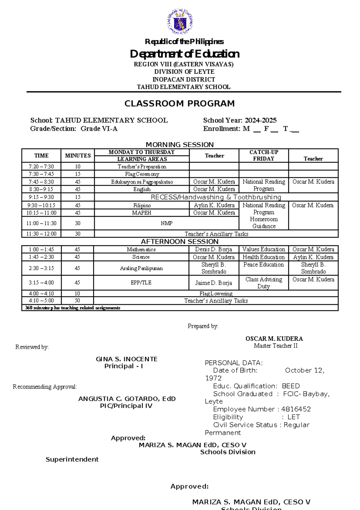 Classroom Program Grade 6 new - Republicof theP hilippines Department ...