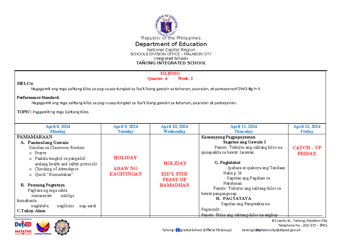 FIL2 DLP Week2 4th Quarter 2023-2024 - Republic of the Philippines ...