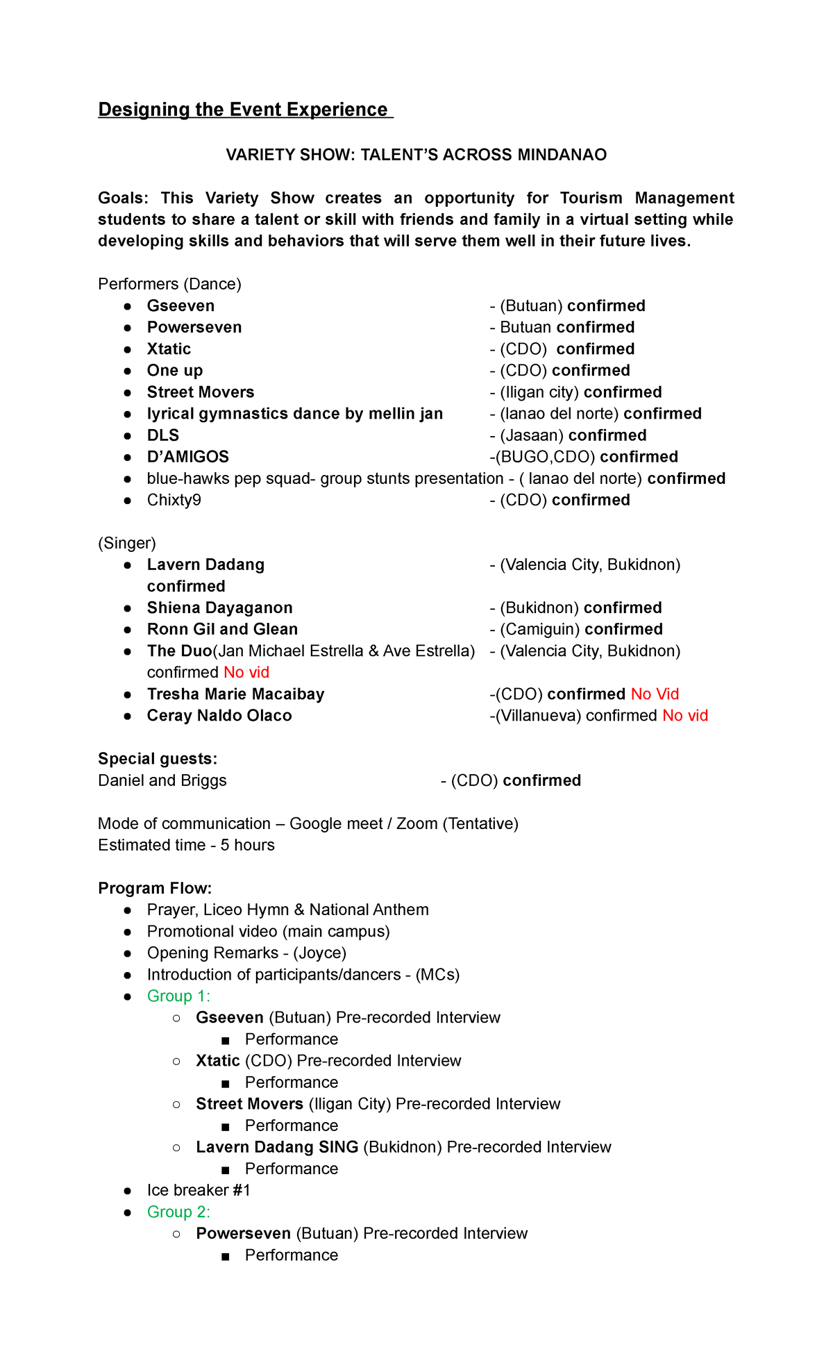 Event- Details - Designing the Event Experience VARIETY SHOW: TALENT’S ...