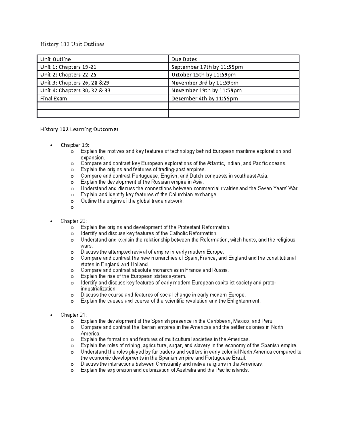 History 102 Unit Outlines - History 102 Unit Outlines Unit Outline Due ...