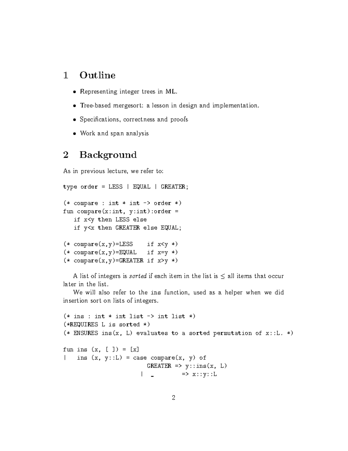 Lecture 08 Notes Fall 2016 1 Outline Representing Integer Trees In Ml Tree Based Mergesort