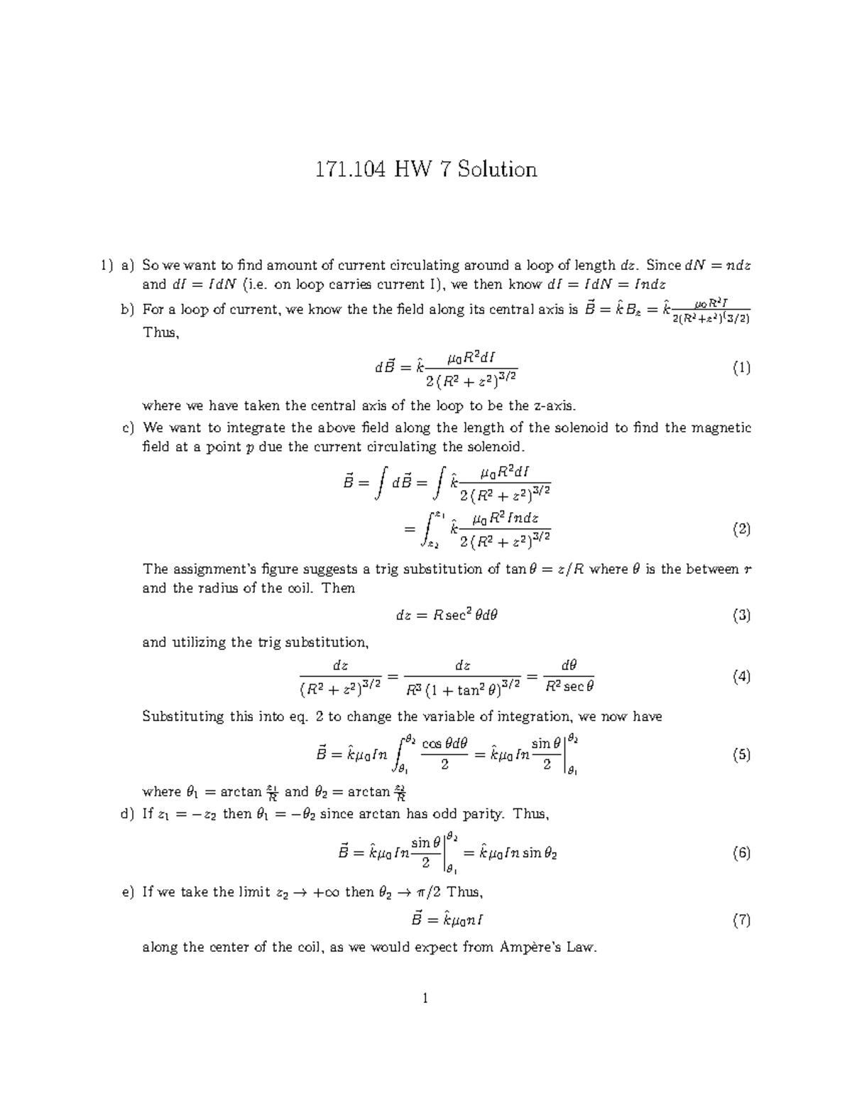 HW7 solutions - 171 HW 7 Solution a) So we want to find amount of current circulating around a ...