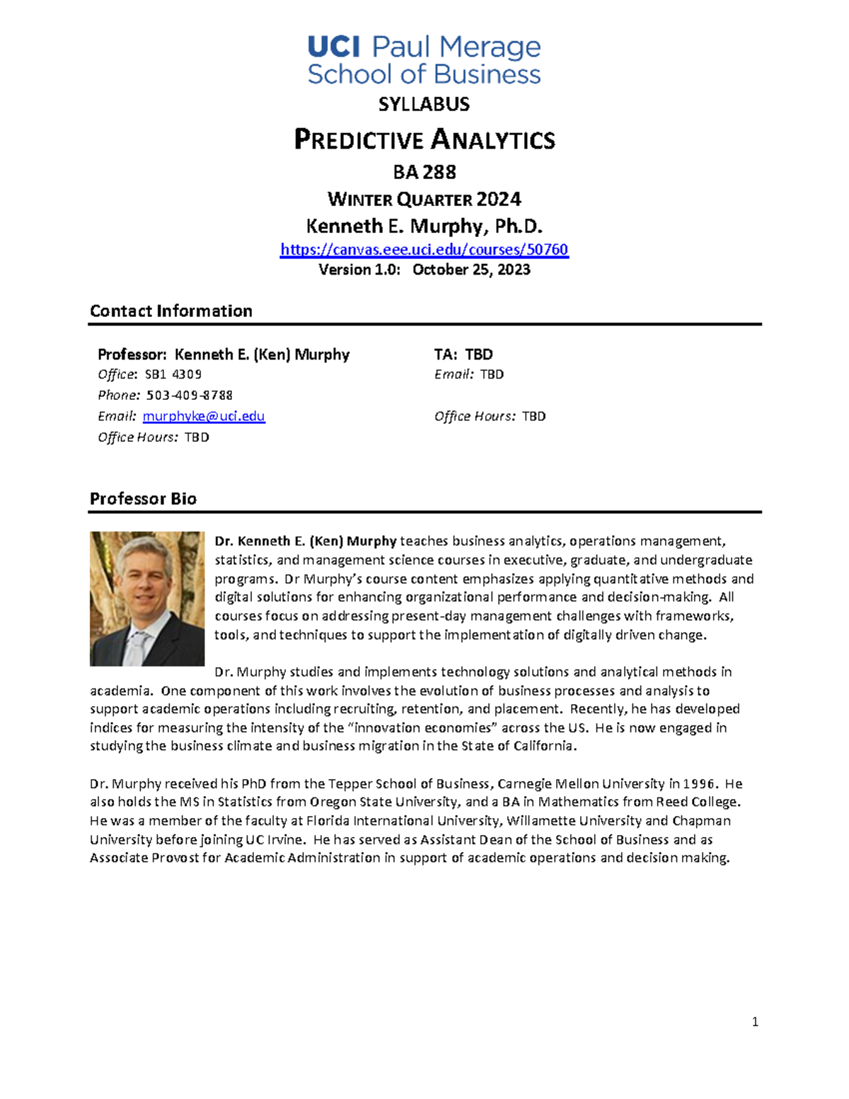 Sample Winter MSBA Predictive Analytics - SYLLABUS PREDICTIVE ANALYTICS ...