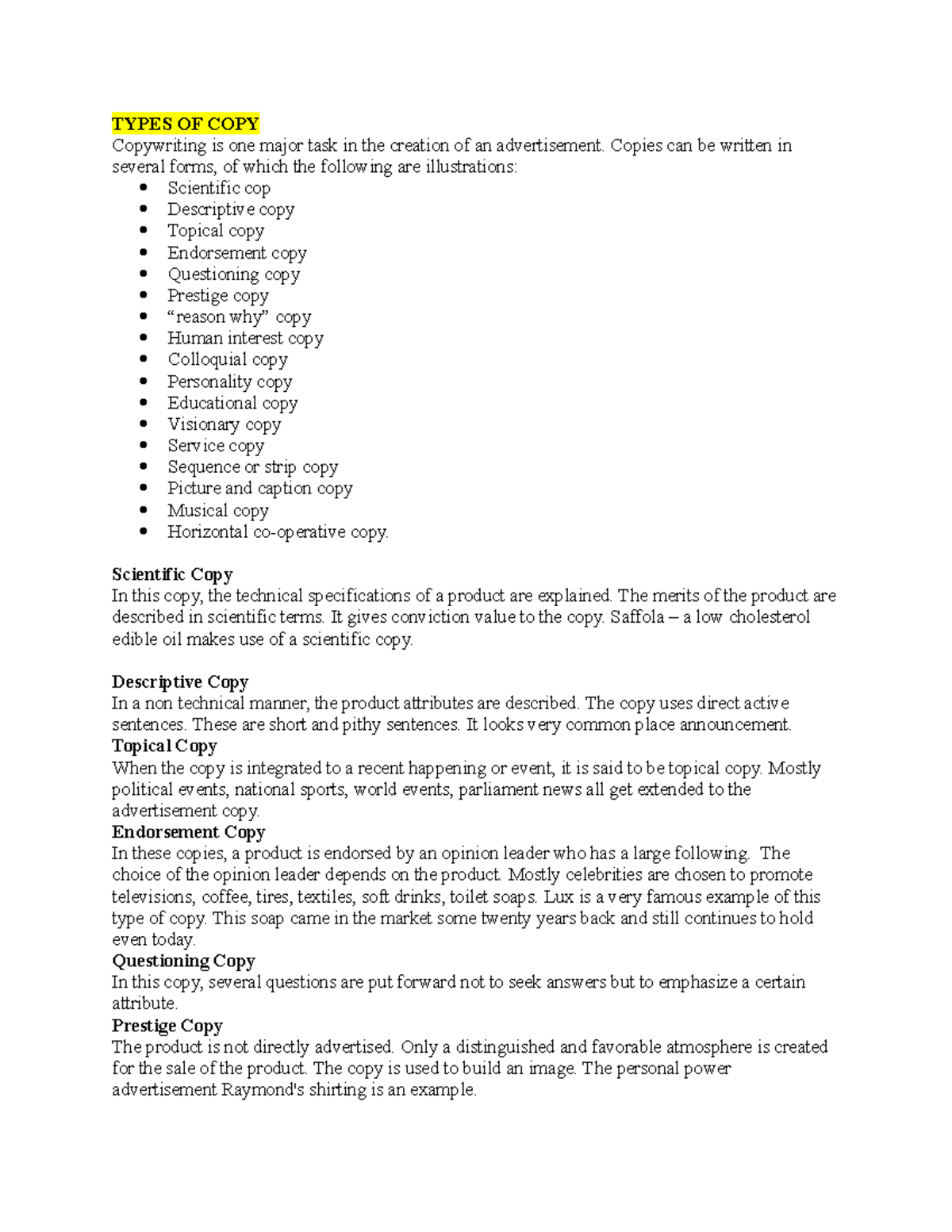 Types OF COPY (adv) - TYPES OF COPY Copywriting is one major task in ...