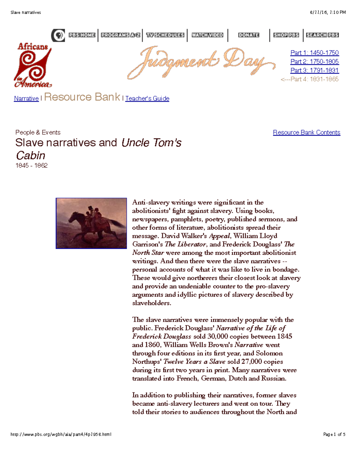 PBS Slave narratives and Uncle Tom's Cabin - Part 1: 1450- Part 2: 1750 ...