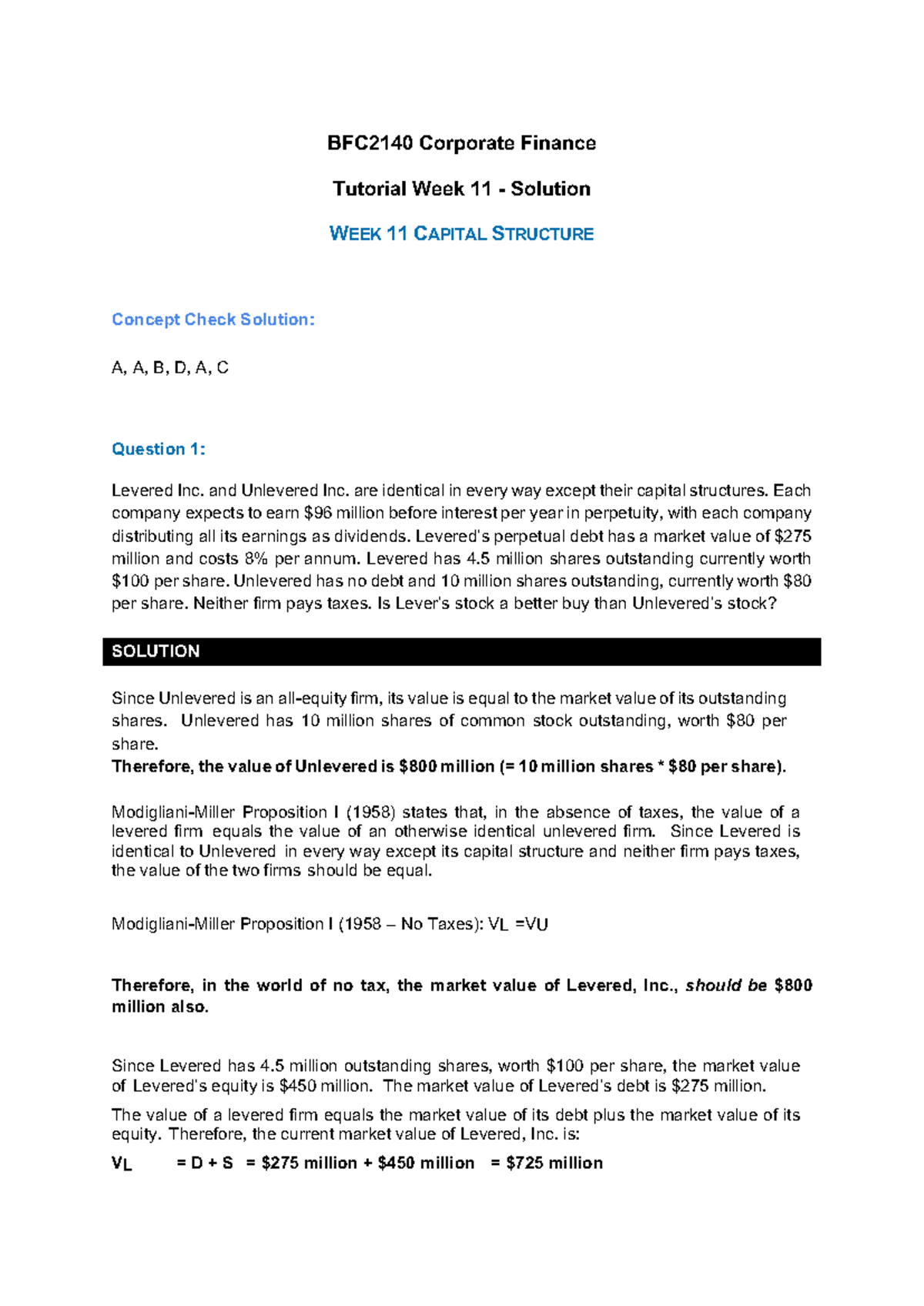 Week 11 Tutorial Worksheet Solution - for Student - BFC2140 Corporate Finance Tutorial Week 11 ...