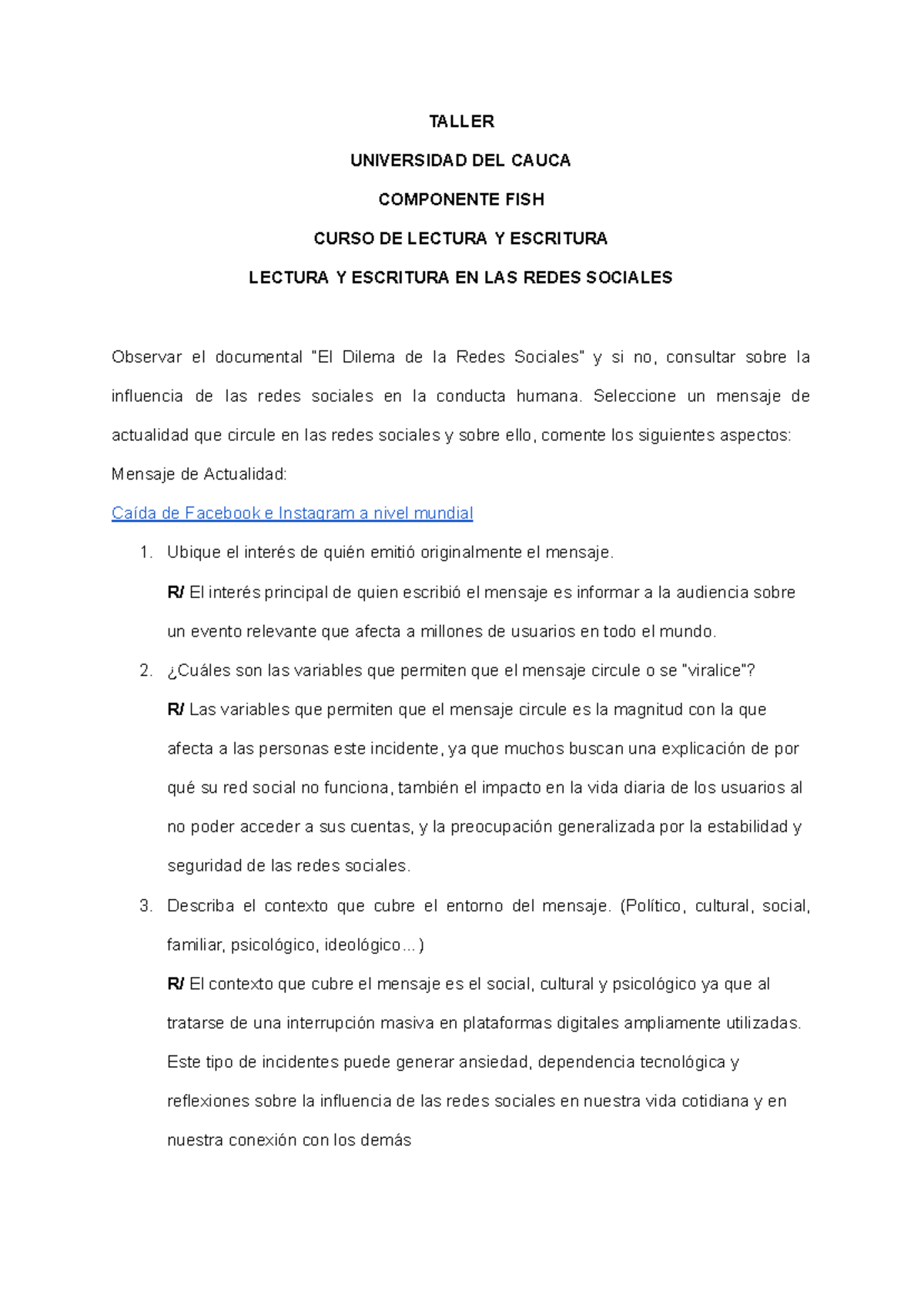 Taller Redes Sociales - Resumen Lectura y Escritura . - TALLER ...