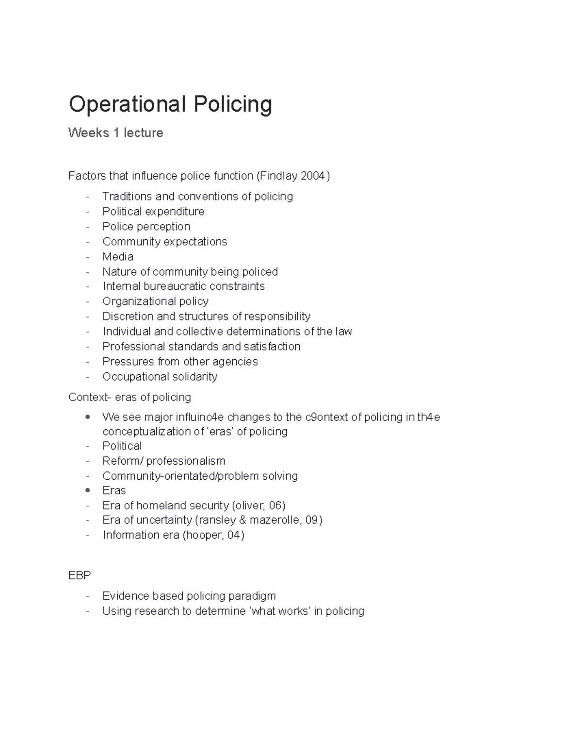 Operational Policing wk 1-4 - Operational Policing Weeks 1 lecture ...