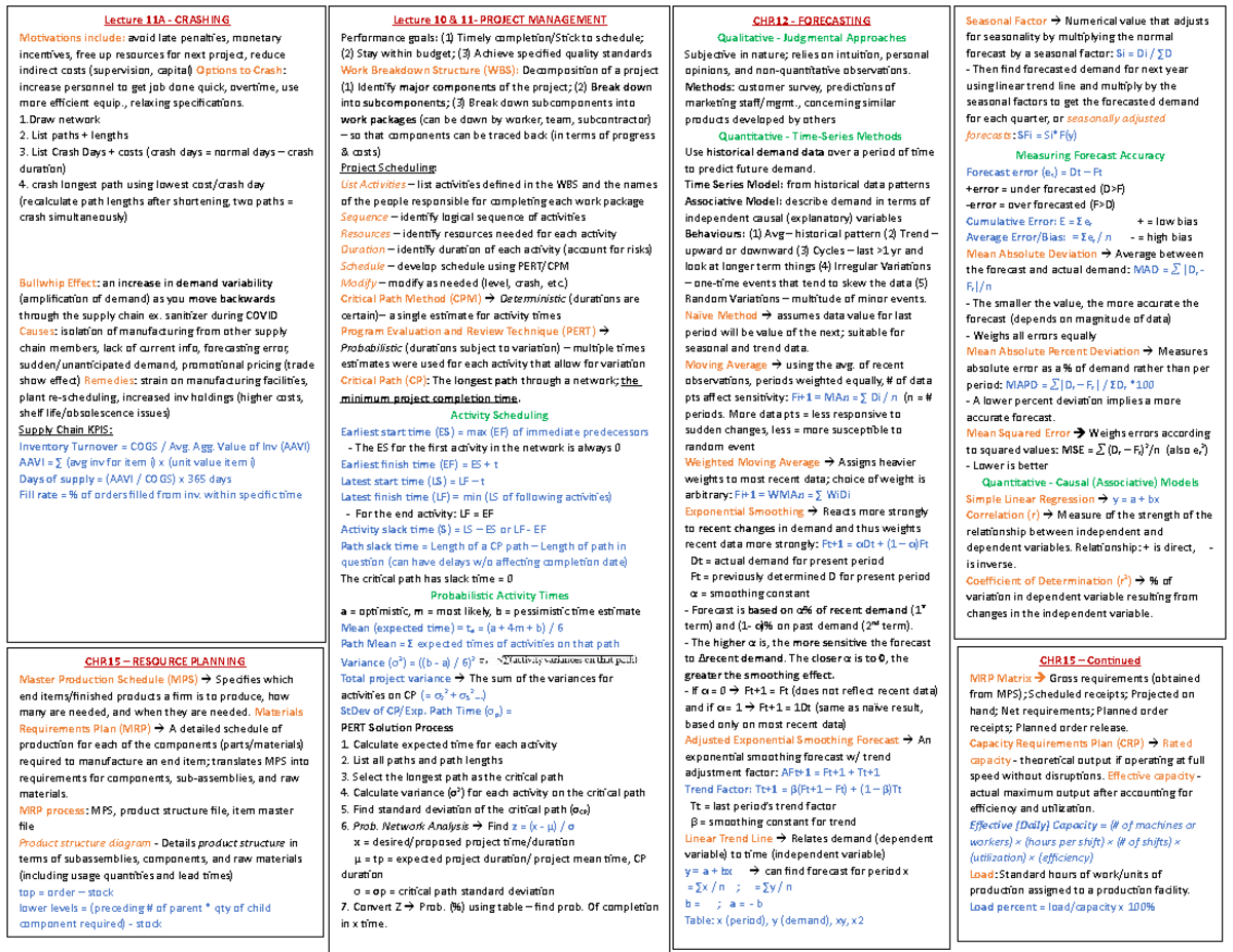 Final exam formula sheet - CHP - FORECASTING Qualitative - Judgmental ...