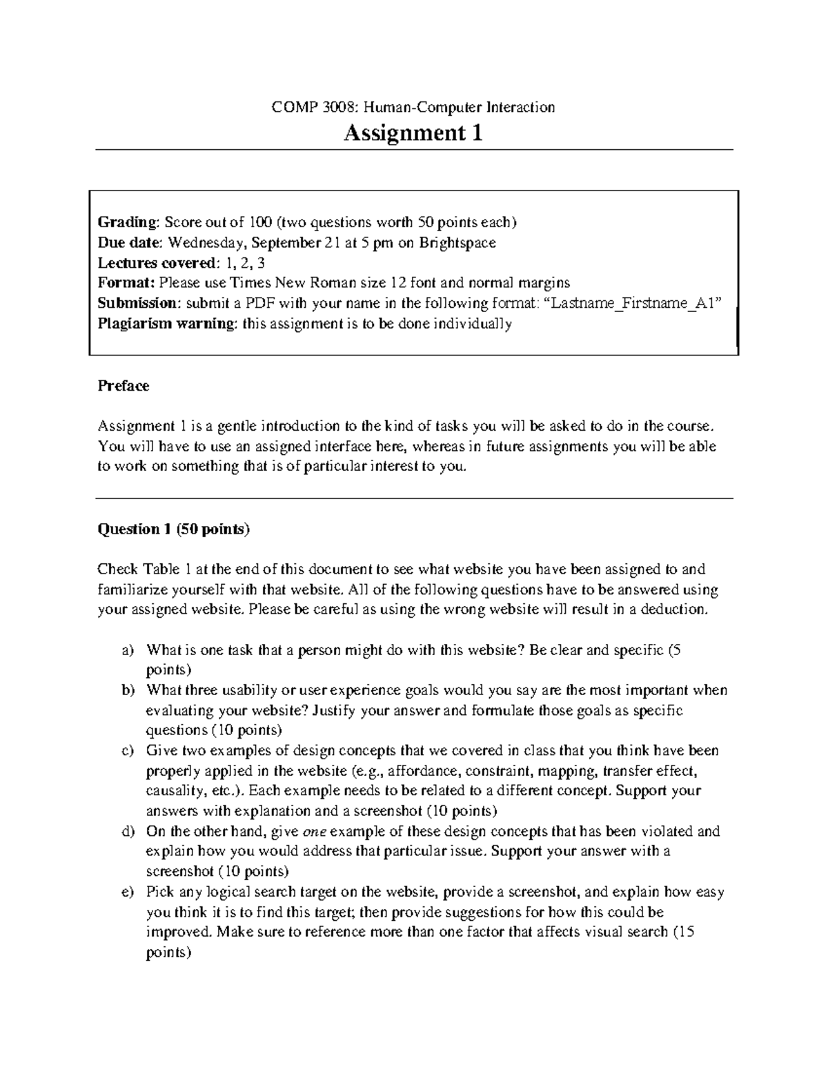 Assignment 1 - COMP 3008: Human-Computer Interaction Assignment 1 Grading : Score out of 100 ...