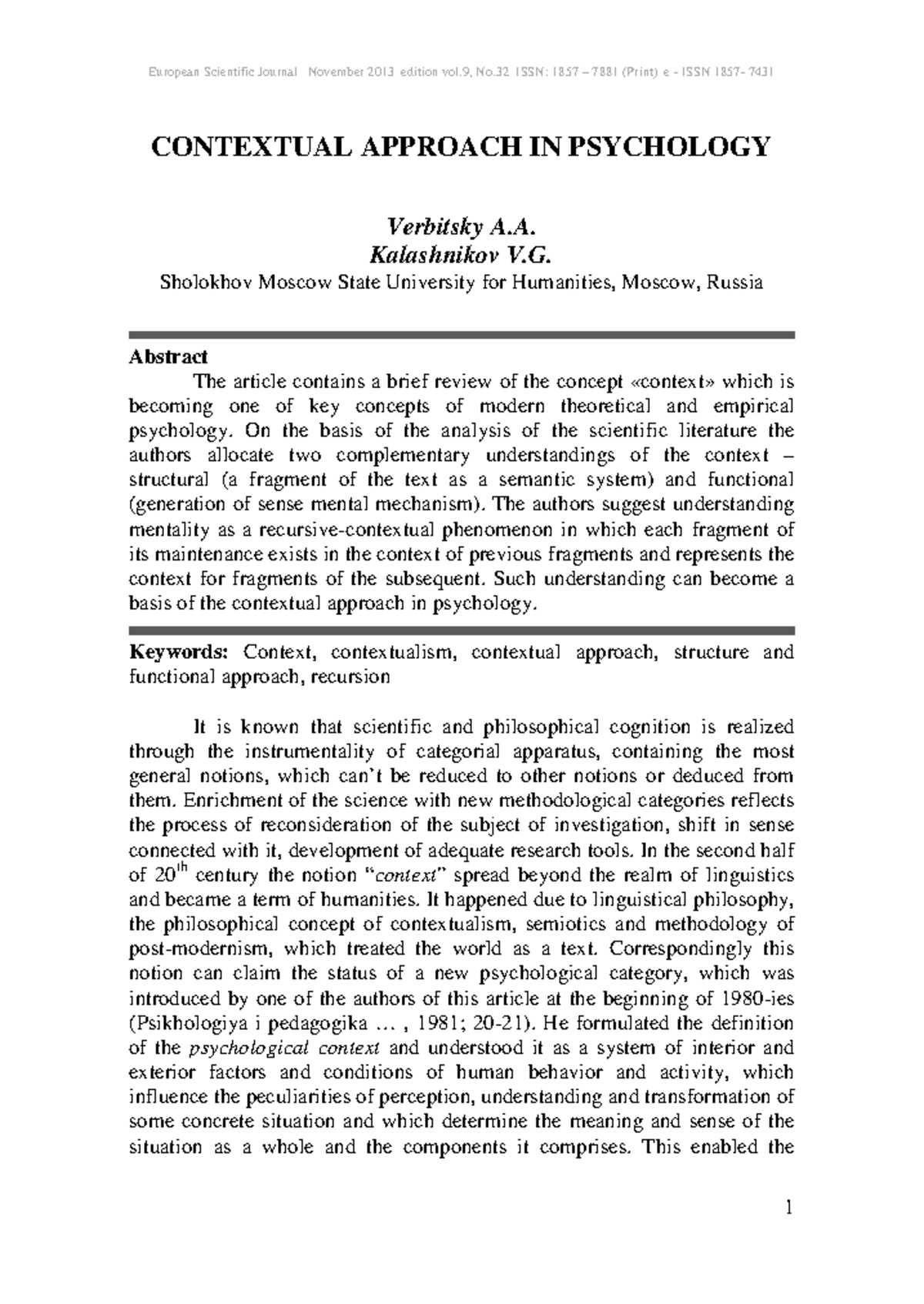 Child development - CONTEXTUAL APPROACH IN PSYCHOLOGY Verbitsky A ...