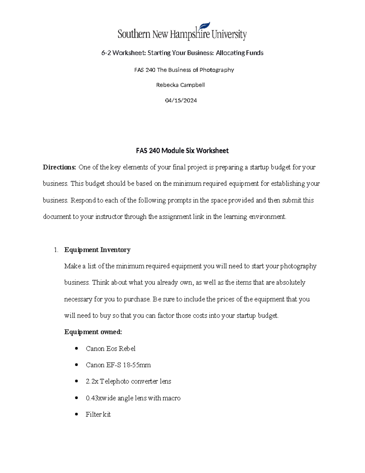 FAS 240 6-2 Worksheet Starting Your Business Allocating Funds - 6-2 ...