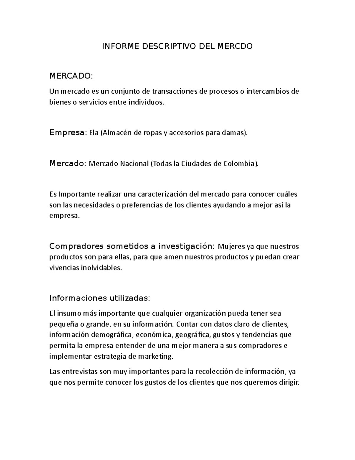 Informe Descriptivo DEL Mercdo - INFORME DESCRIPTIVO DEL MERCDO MERCADO ...