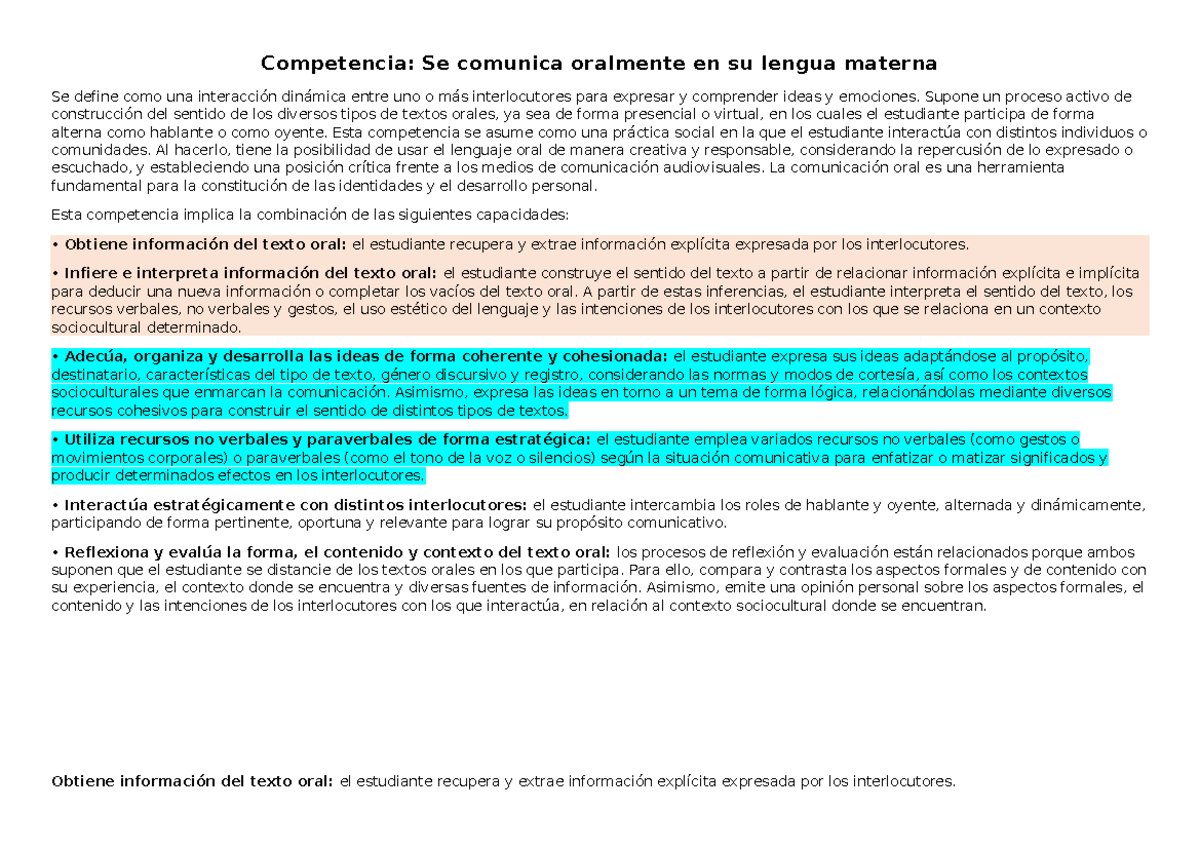 Criterios Oralidad - Competencia: Se comunica oralmente en su lengua ...