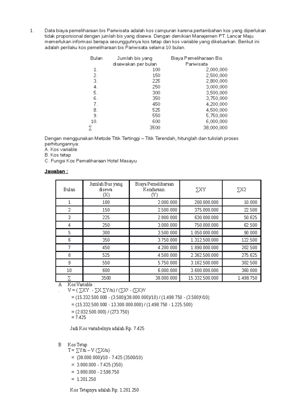 Ekma4315 - assessment - Data biaya pemeliharaan bis Pariwisata adalah ...