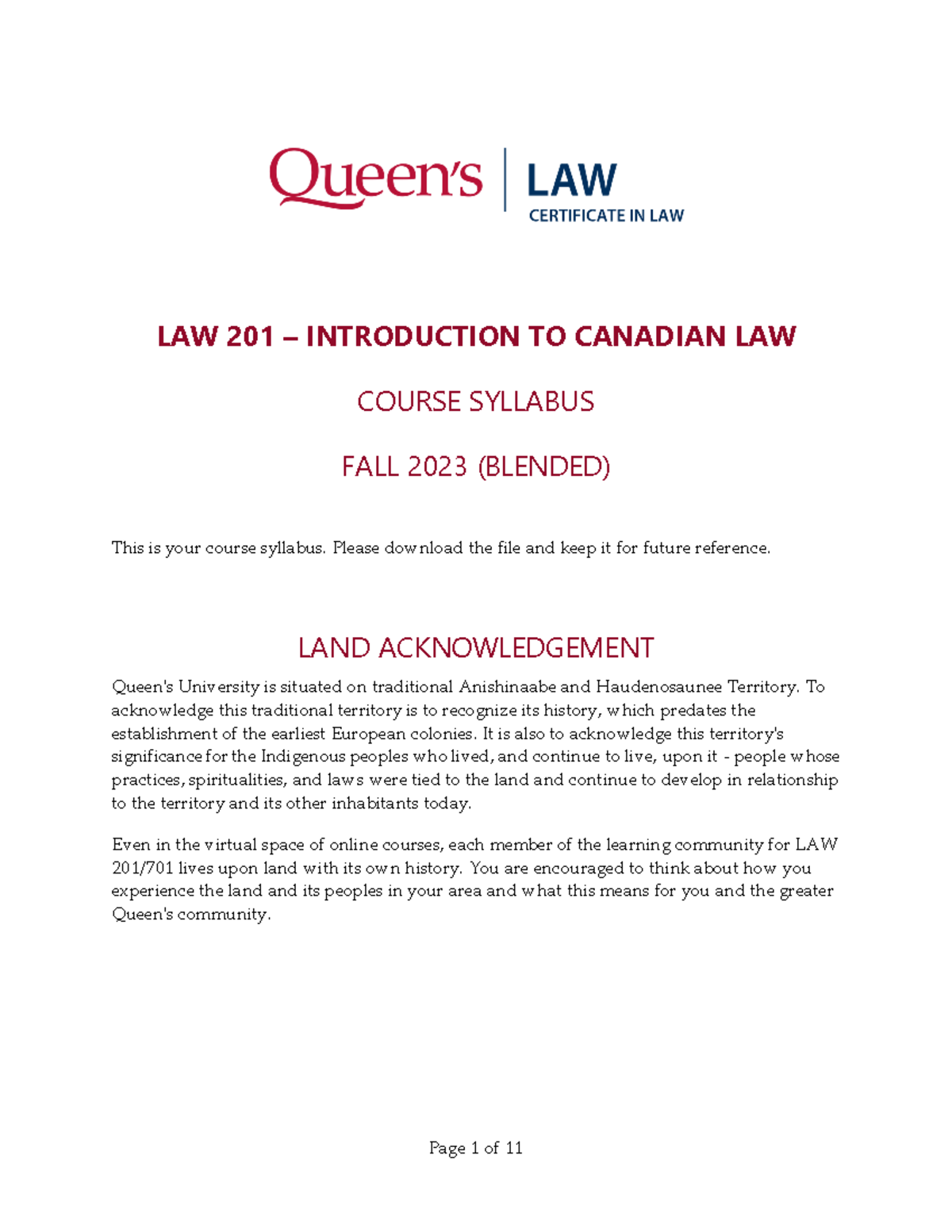 LAW201 Blended F23 Course Syllabus Without TAs - LAW 201 – INTRODUCTION ...