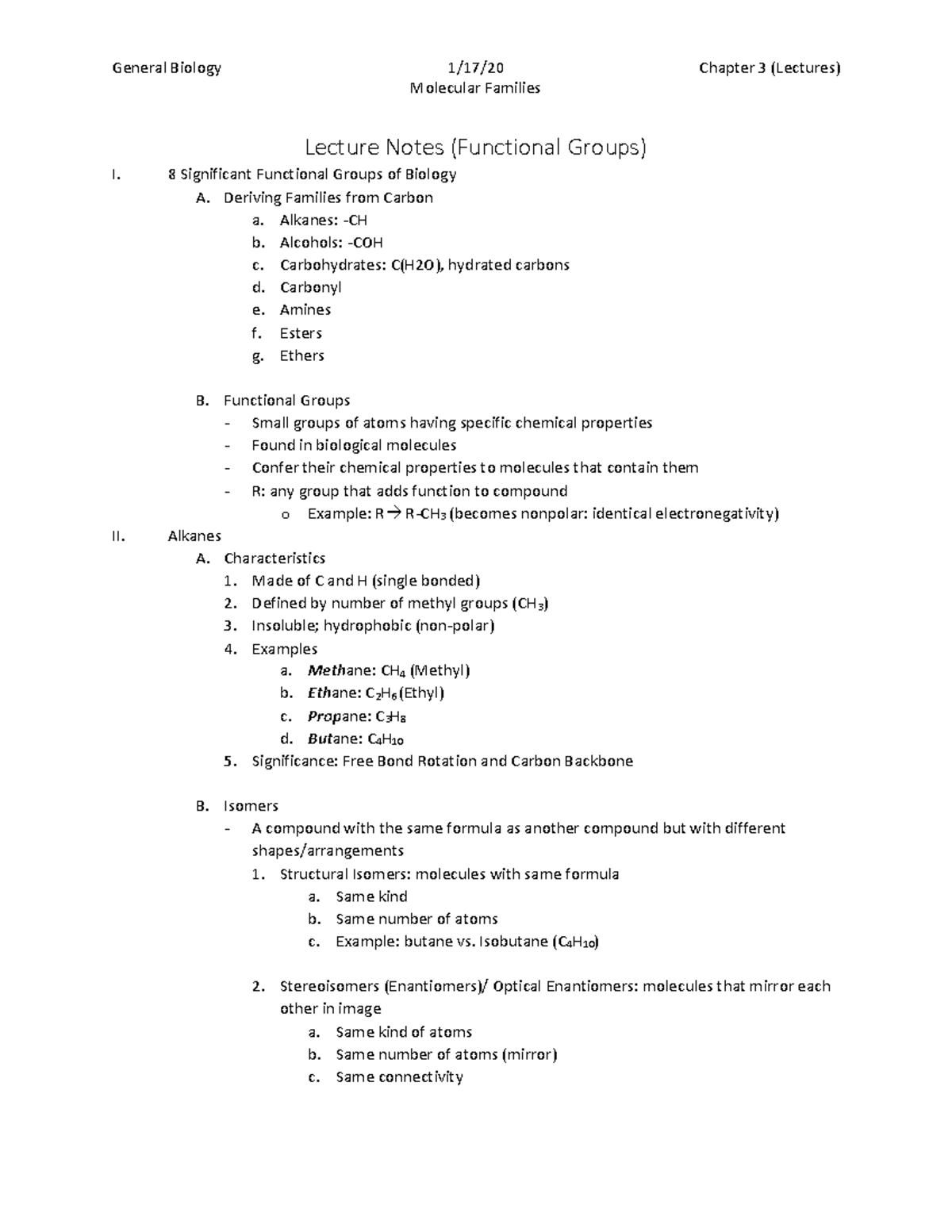 Gen Bio Notes 1, Functional Groups - General Biology 1/17/20 Chapter 3 ...