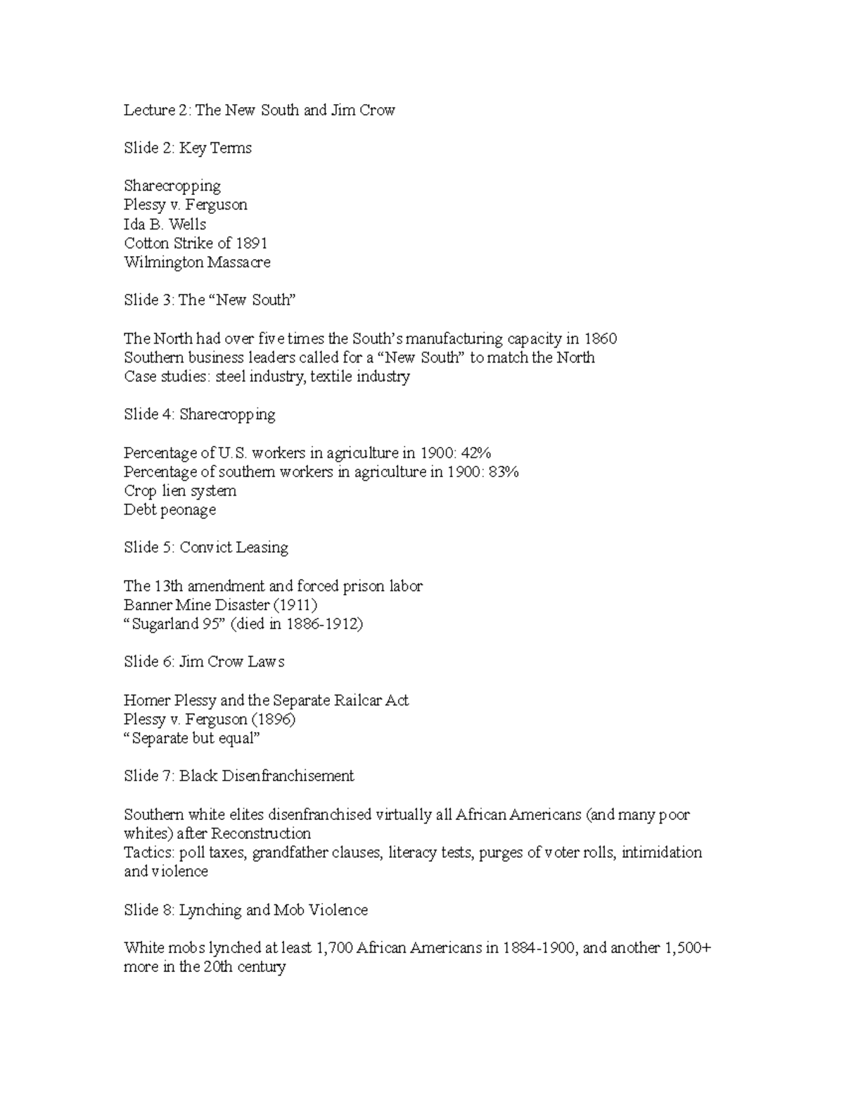 Lecture 2: The New South and Jim Crow Outline Notes - Lecture 2: The ...