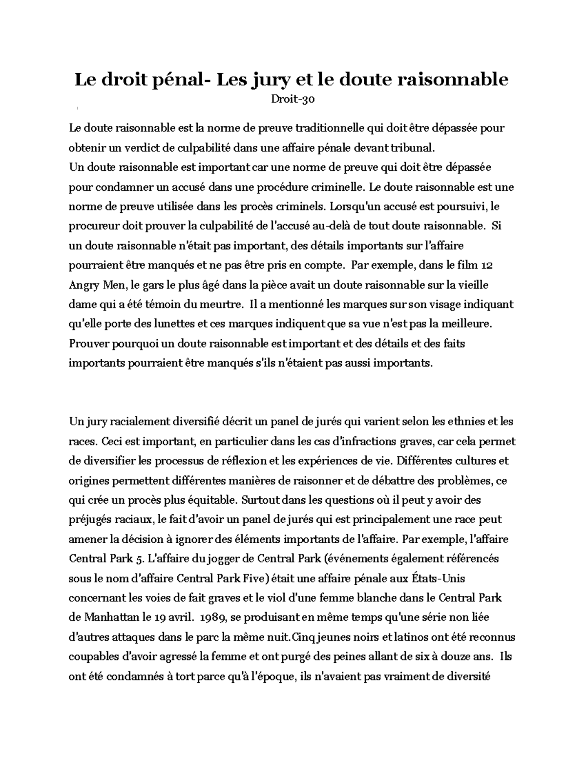 Law 30 - French immersion - Le droit pénal- Les jury et le doute ...