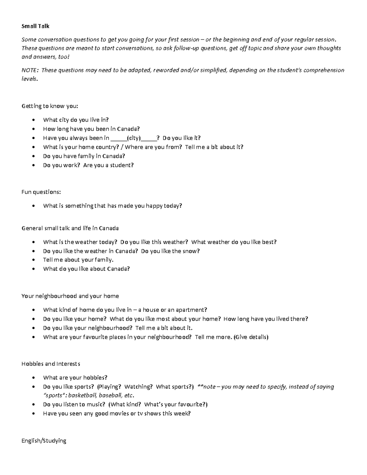 Small Talk Questions - Beginners - Small Talk Some conversation ...