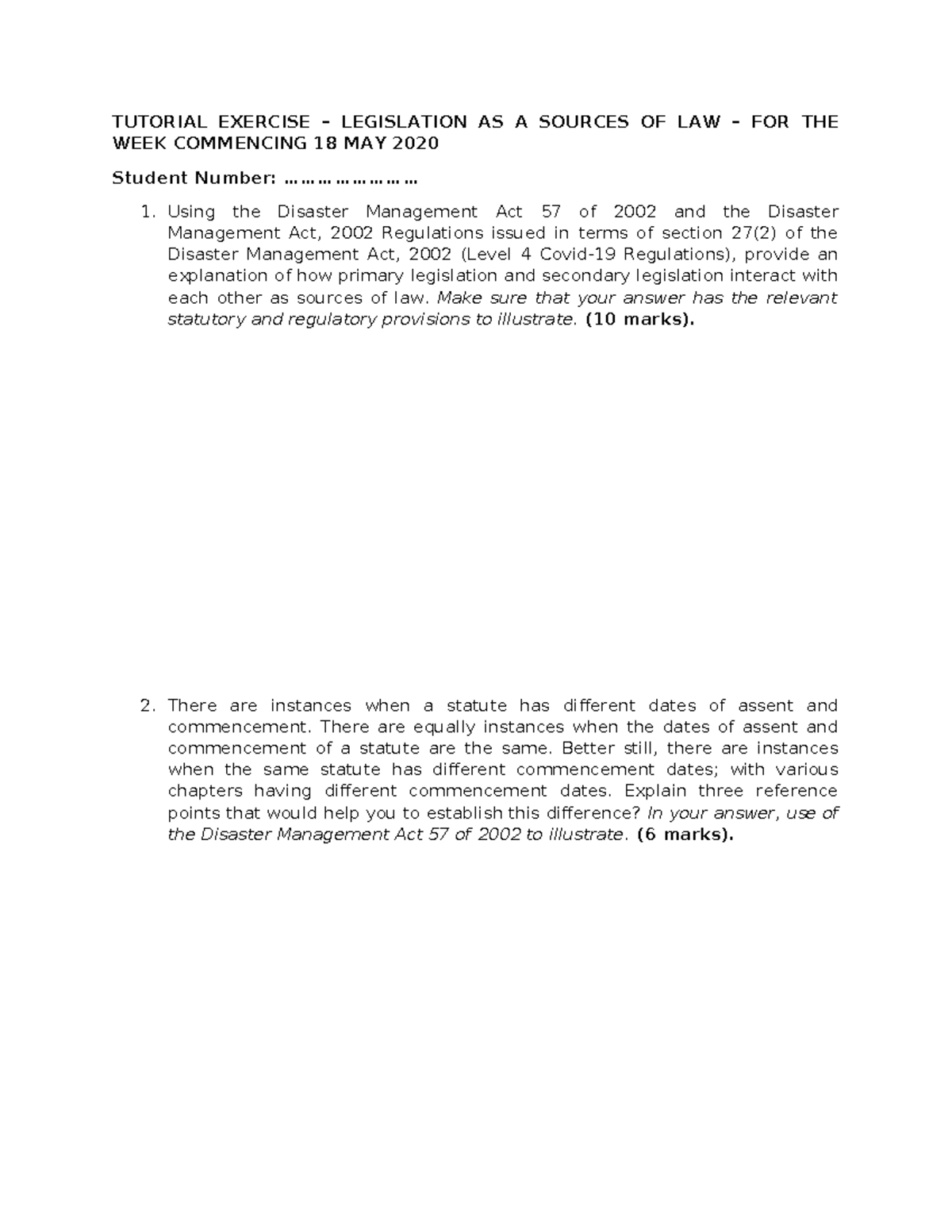 Tutorial exercise - TUTORIAL EXERCISE – LEGISLATION AS A SOURCES OF LAW ...