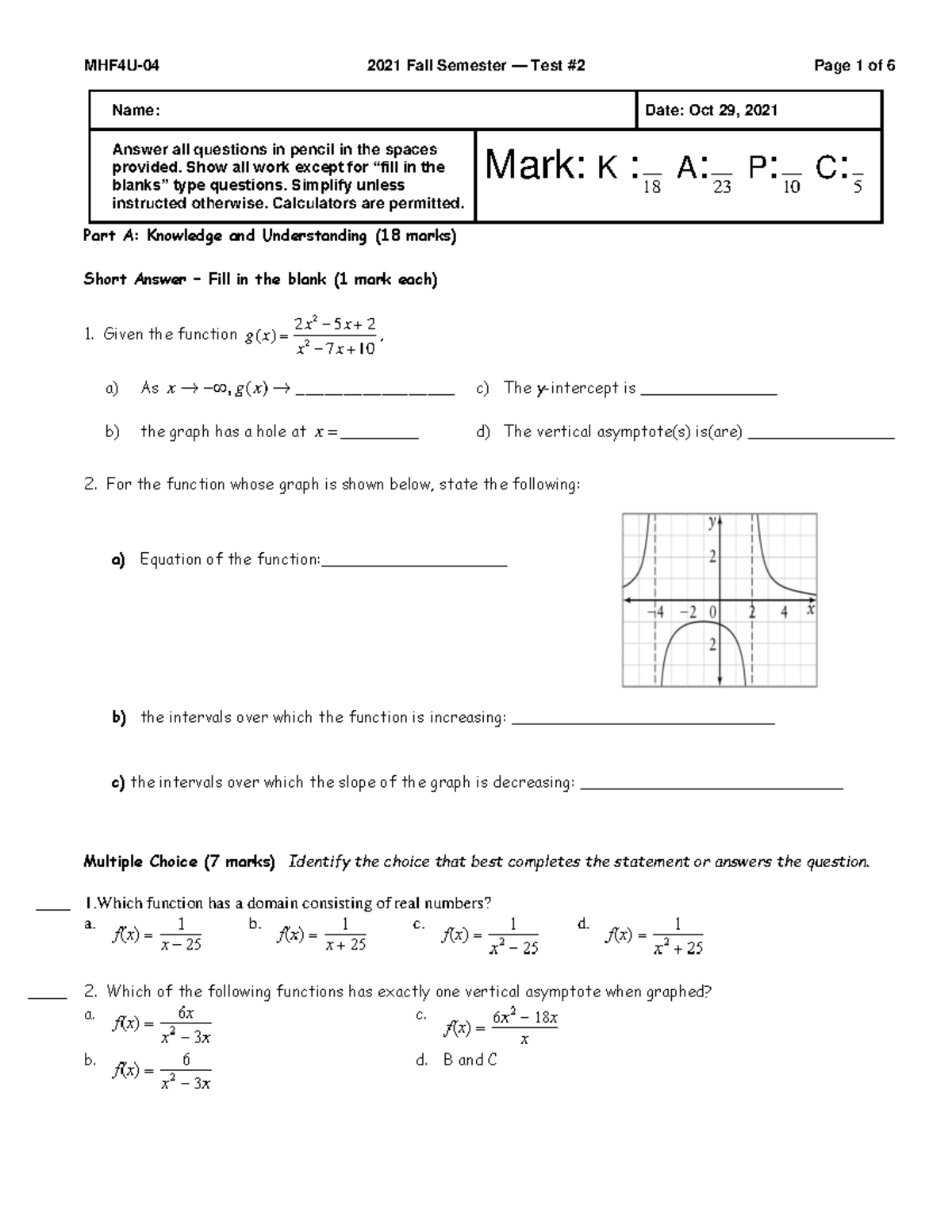 T2 - Oct 2021 - period 2 - advanced functions - Name: Date: Oct 29 ...