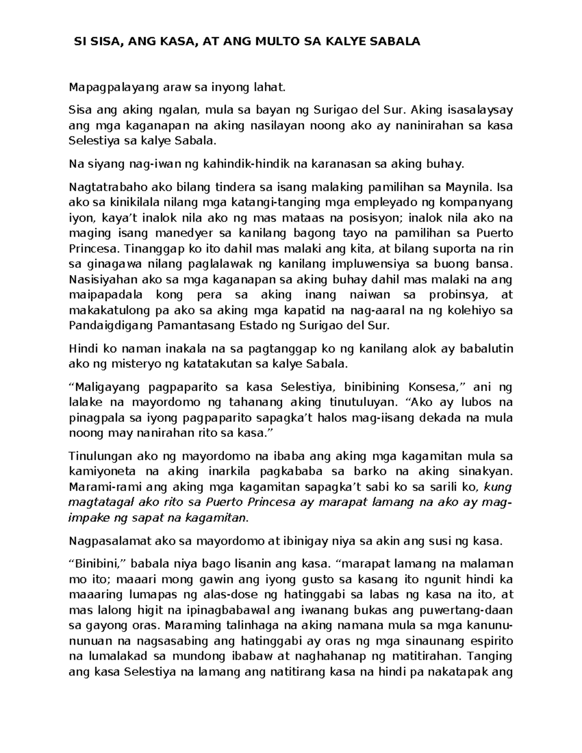 Si Sisa, Ang Kasa, at Ang Multo sa Kalye Sabala - SI SISA, ANG KASA, AT ...