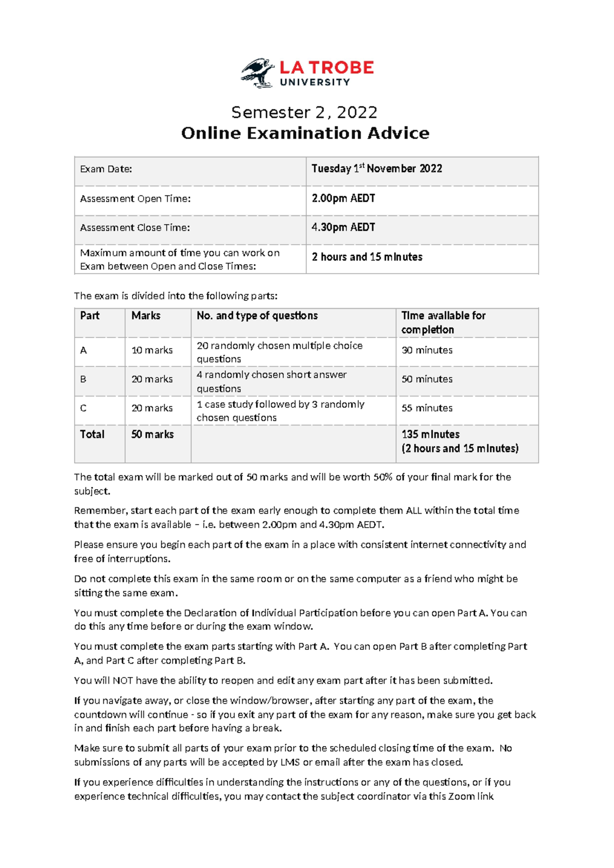 Online Exam Information Sheet - Semester 2, 2022 Online Examination ...