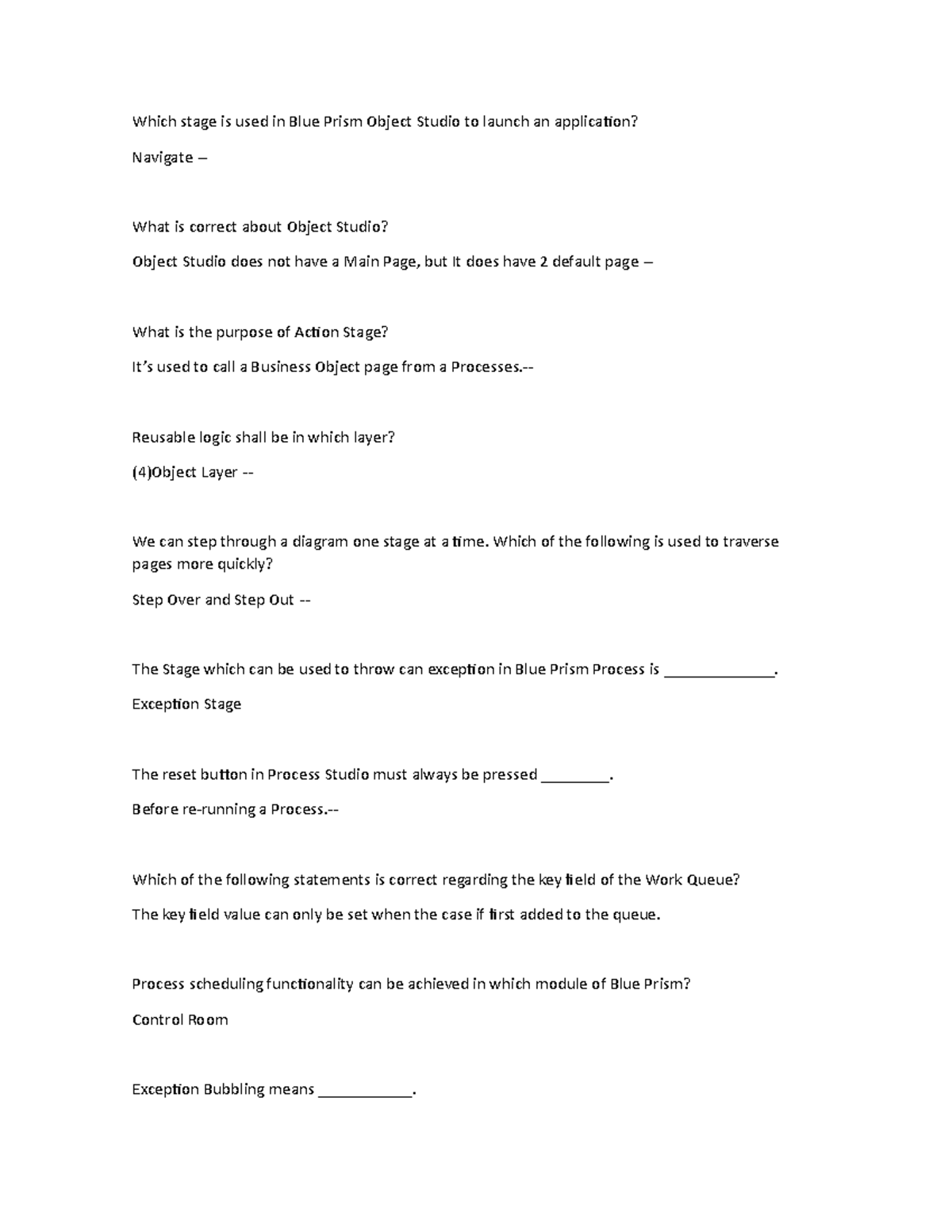 Blue Prism QUIZ - Quiz - Which stage is used in Blue Prism Object ...