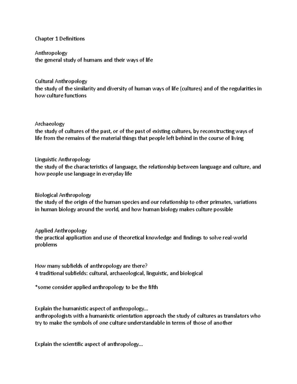 Antrhopology Chapter 1 Definitions - Chapter 1 Definitions Anthropology ...