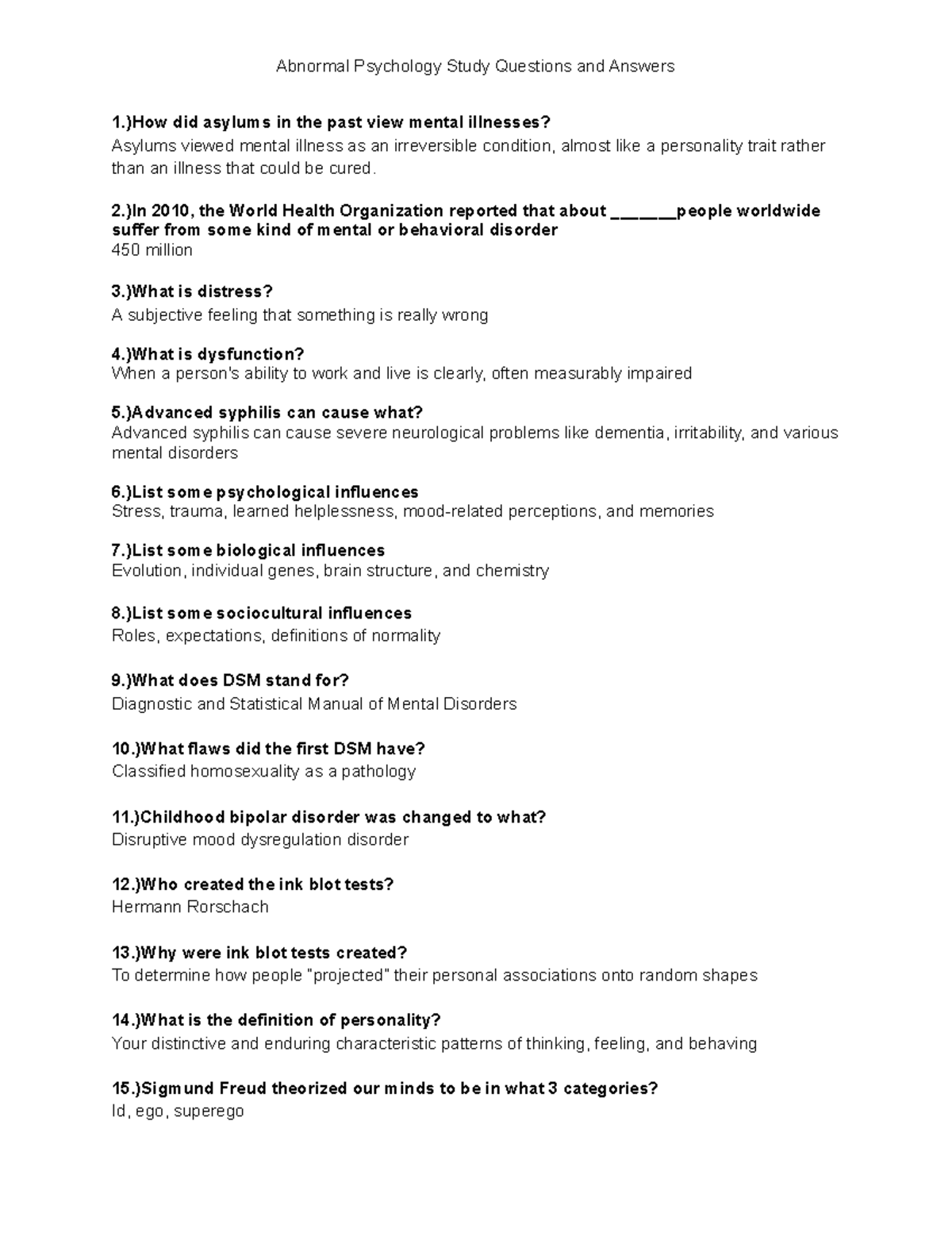 Abnormal Psychology Study Questions - )How did asylums in the past view ...