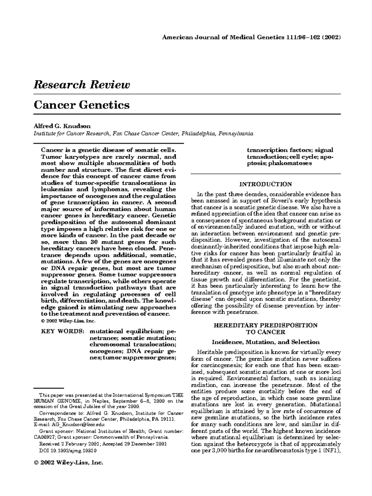 Cg cancer genetics - American Journal of Medical Genetics 111:96 –102 ...