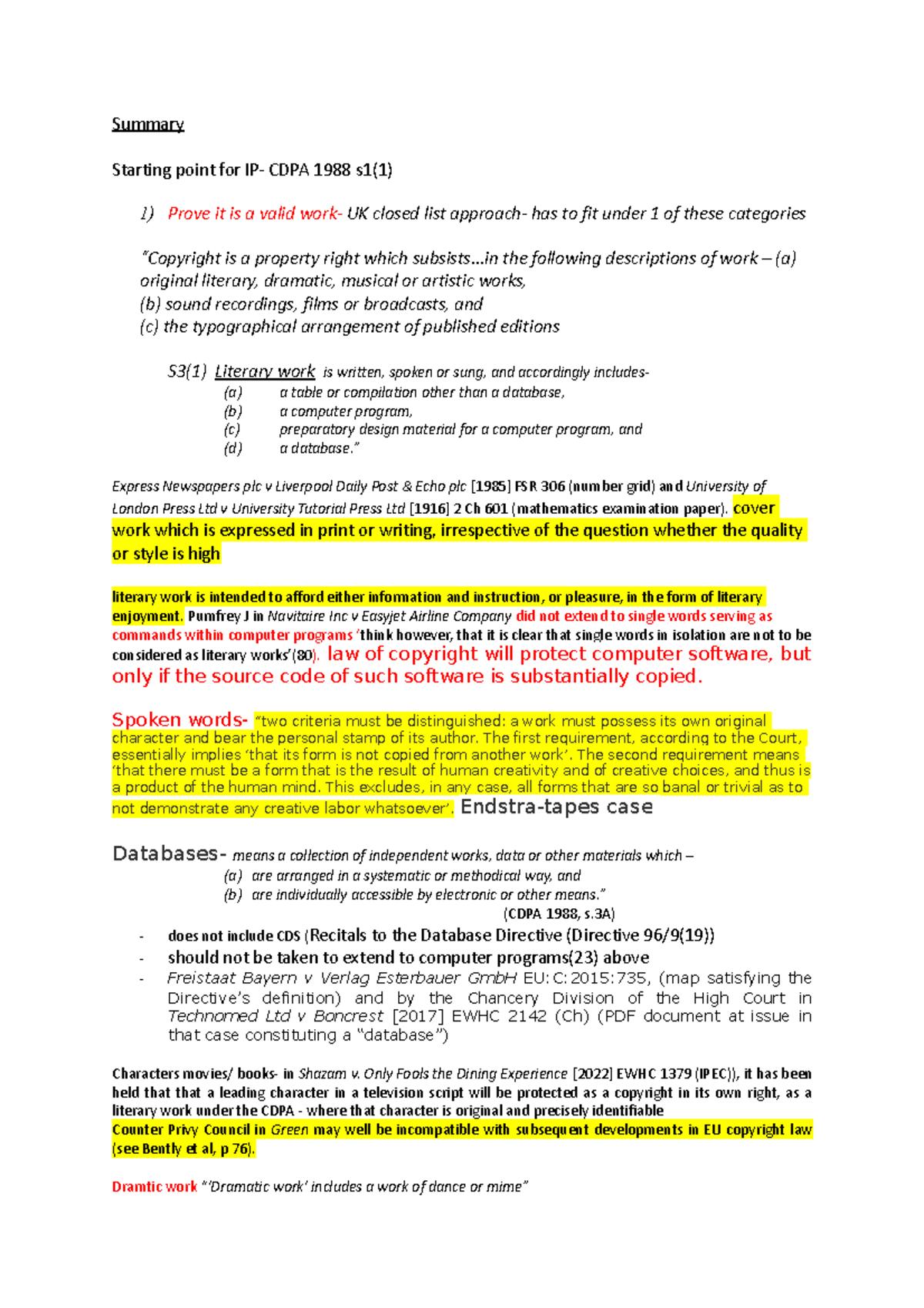 IP Summary - lecture notes - Summary Starting point for IP- CDPA 1988 ...