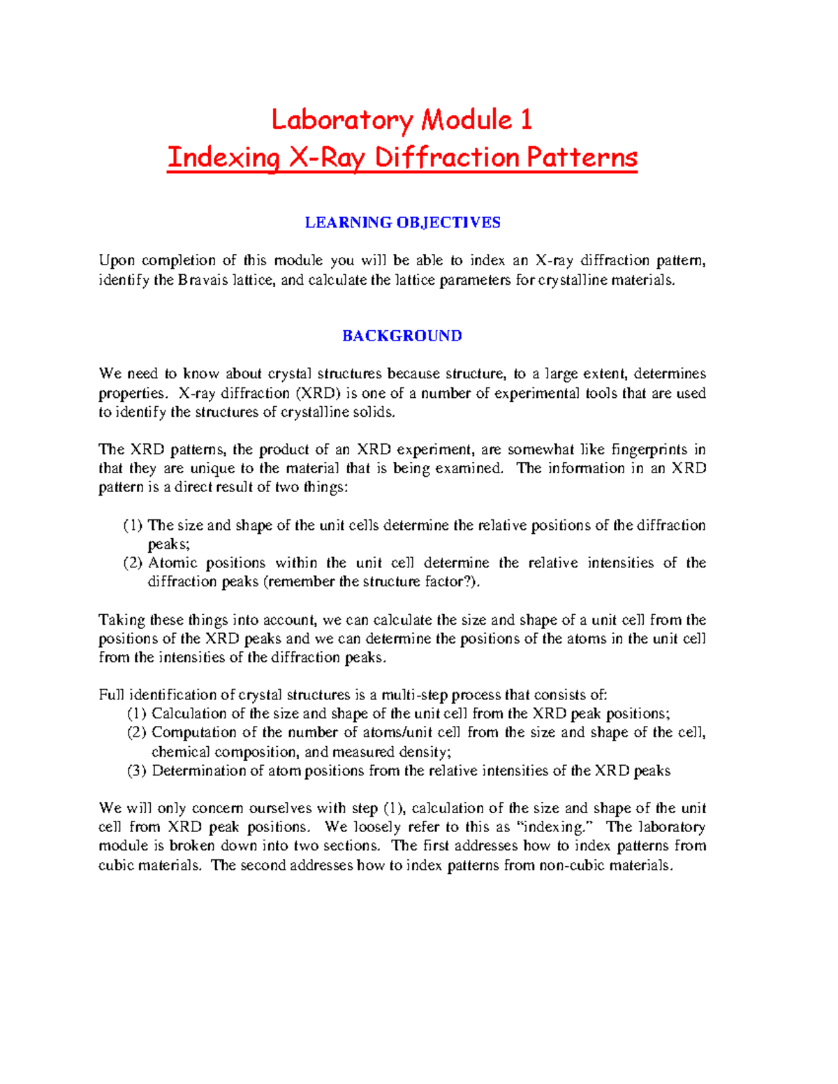 Indexing X Ray Diffraction Patterns Laboratory Module 1 Indexing X