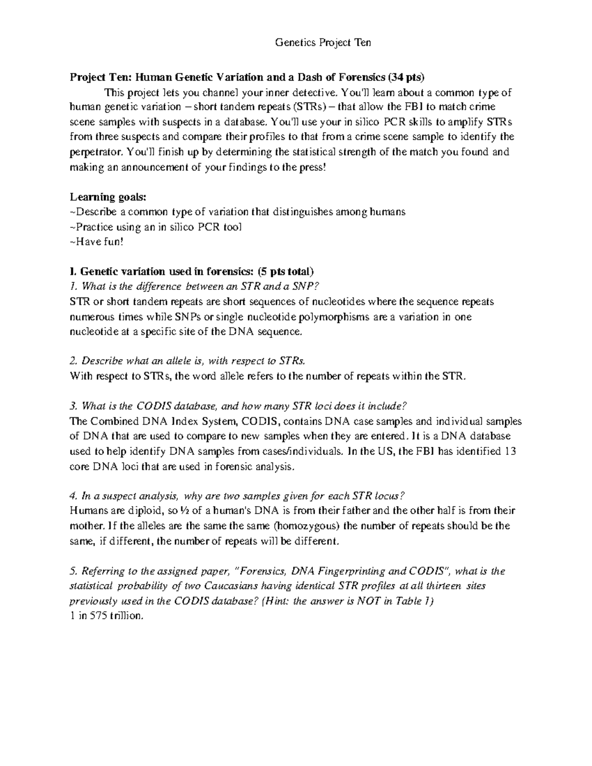 Genetics Project 10 - lab 10, got 100 - Project Ten: Human Genetic ...