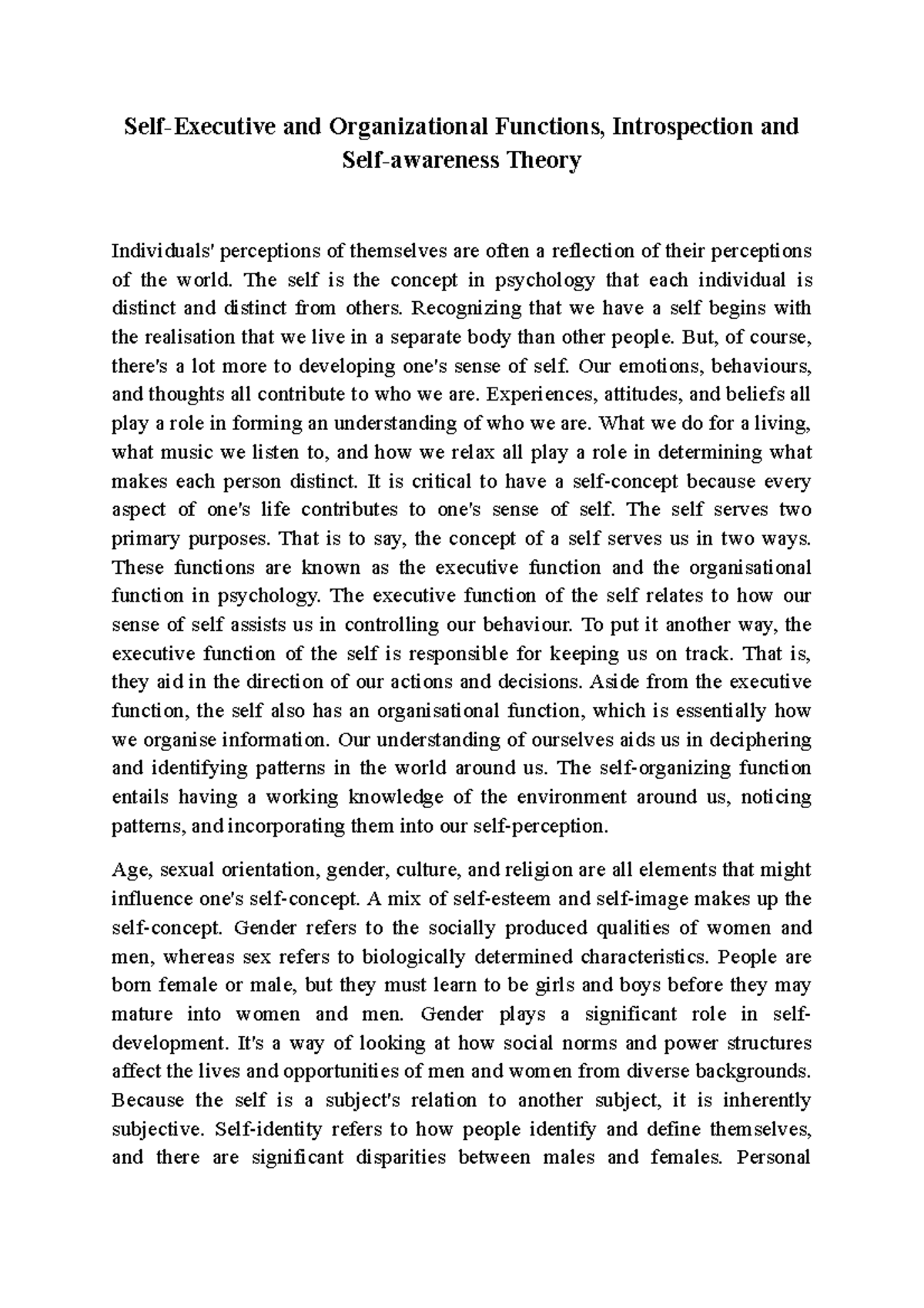 Self-Executive and Organizational Functions, Introspection and Self ...