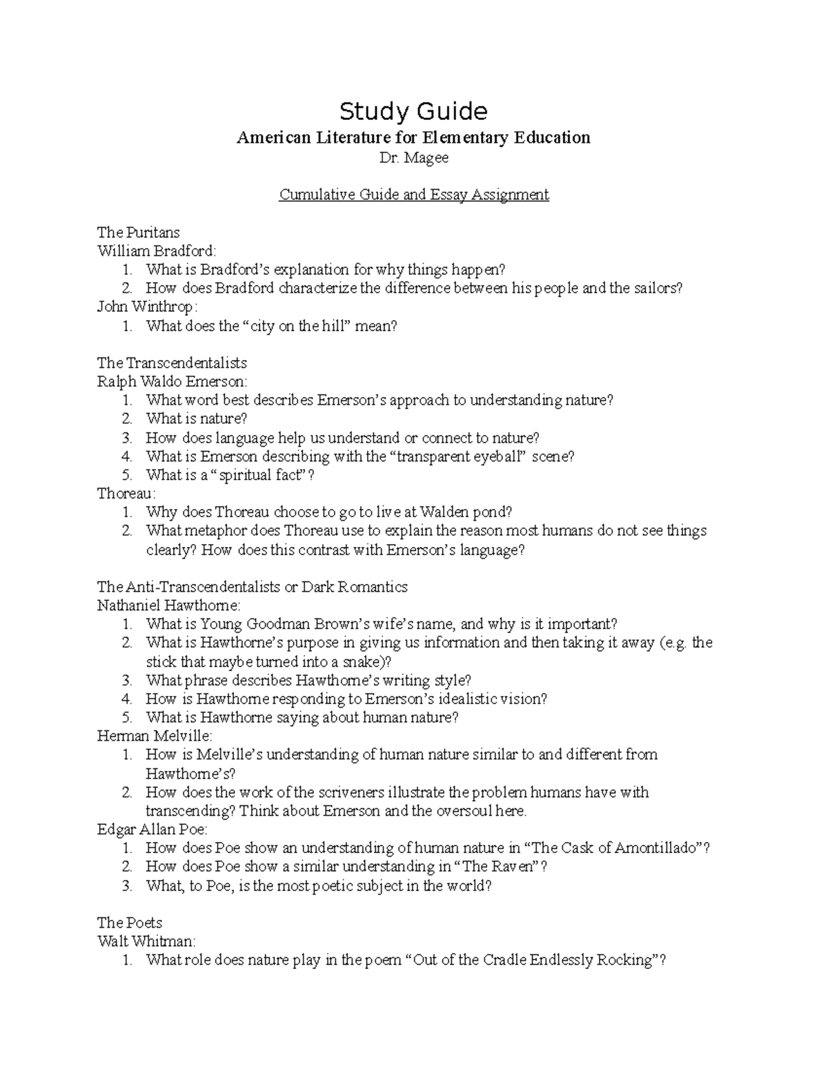 Assignment - Study Guide American Literature for Elementary Education ...