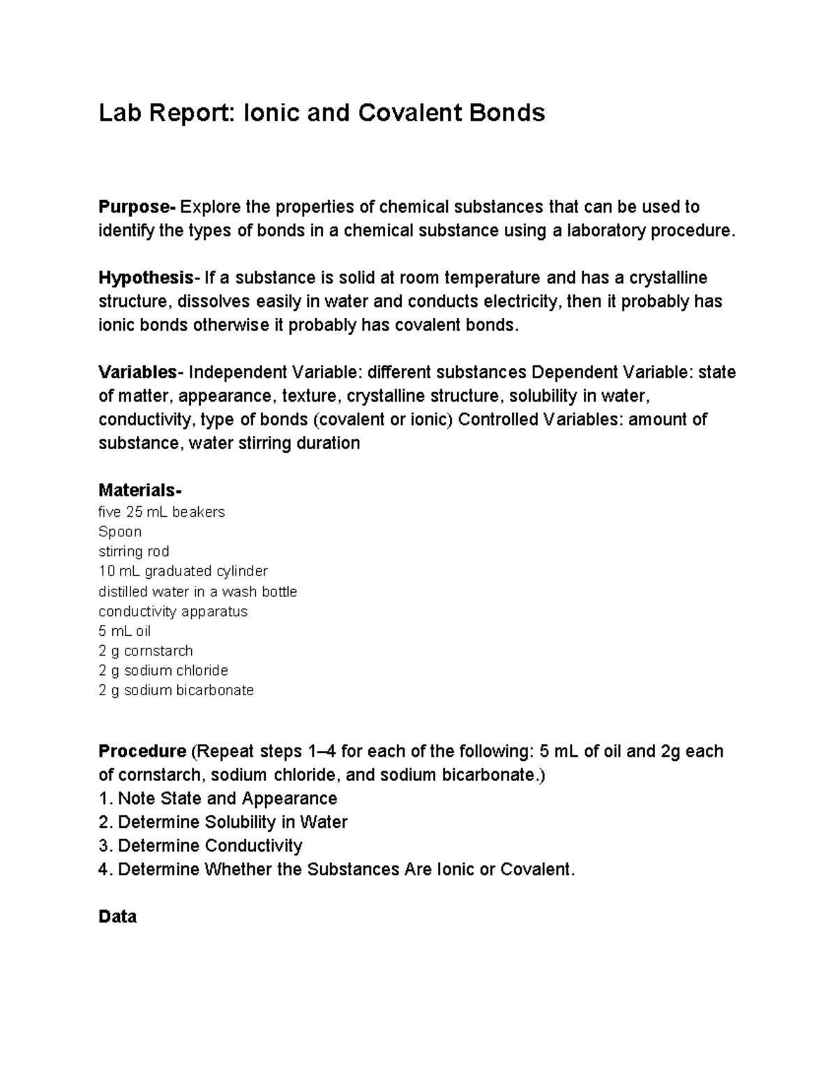 lab ionic and covelant - Lab Report: Ionic and Covalent Bonds Purpose ...